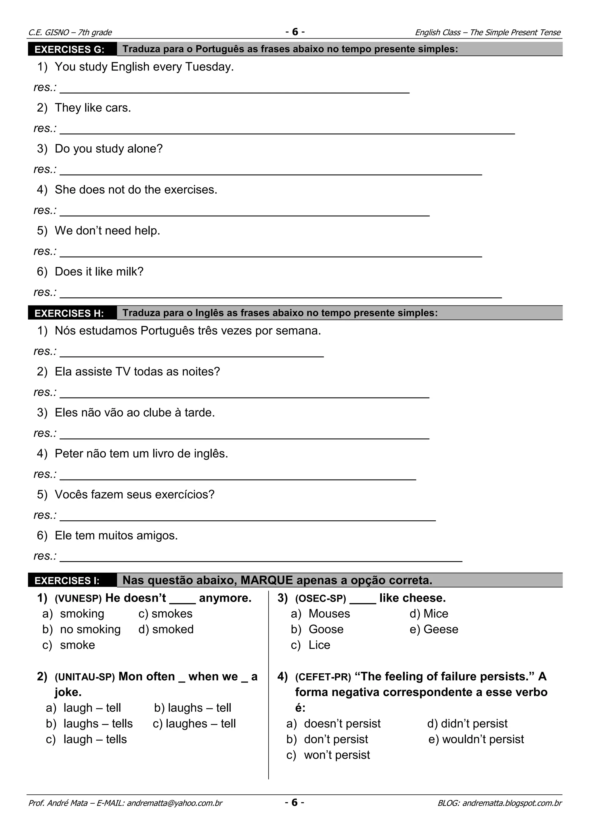 7th Grade The Simple Present Tense Food Pdf