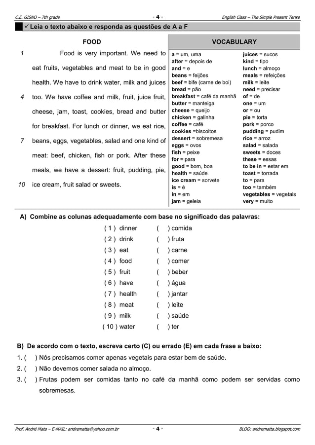 7th grade-the-simple-present-tense-food | PDF | Desserts and Baking ...