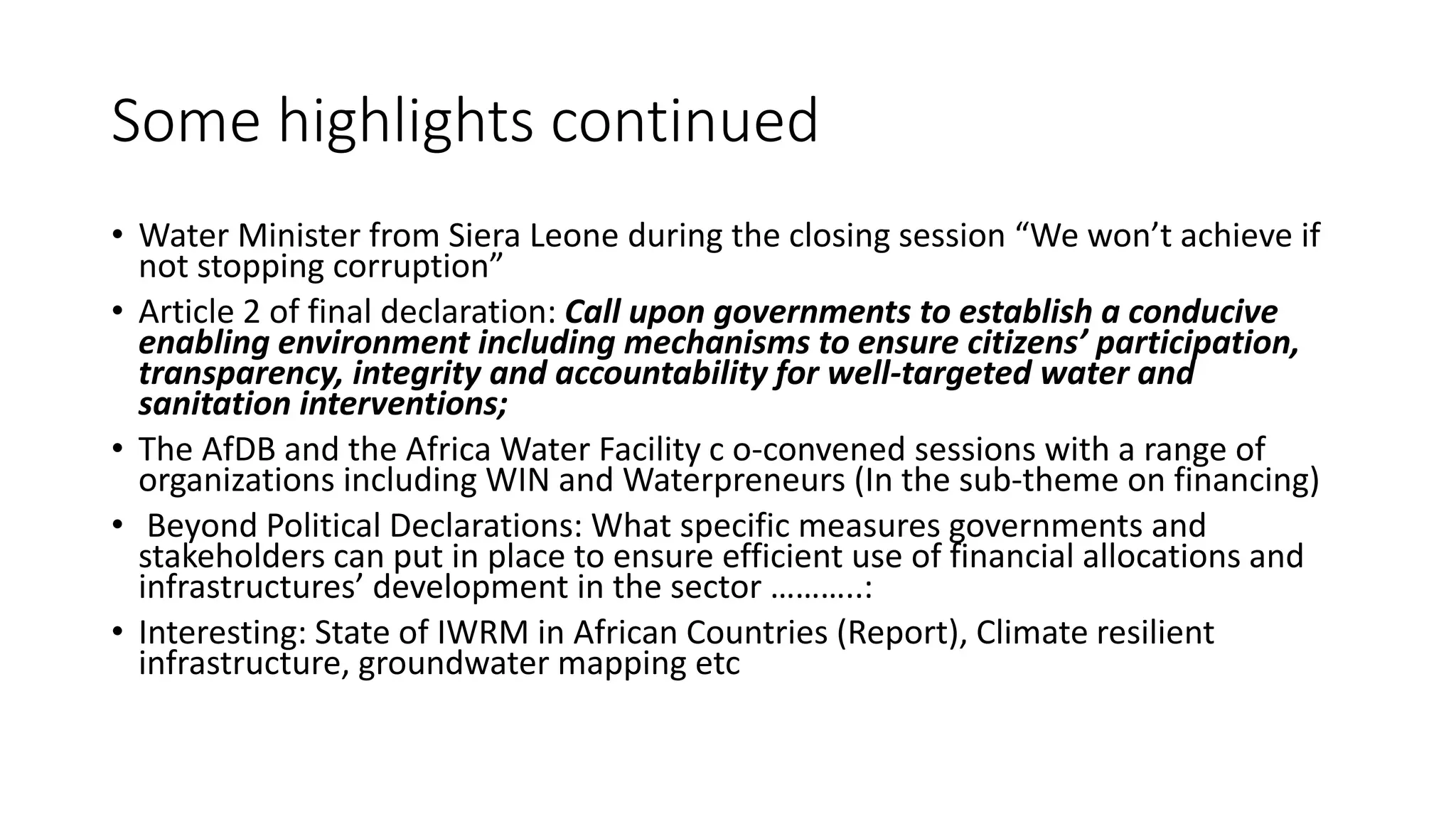 7th Africa Water Week, Water Integrity Network (WIN) | PPT