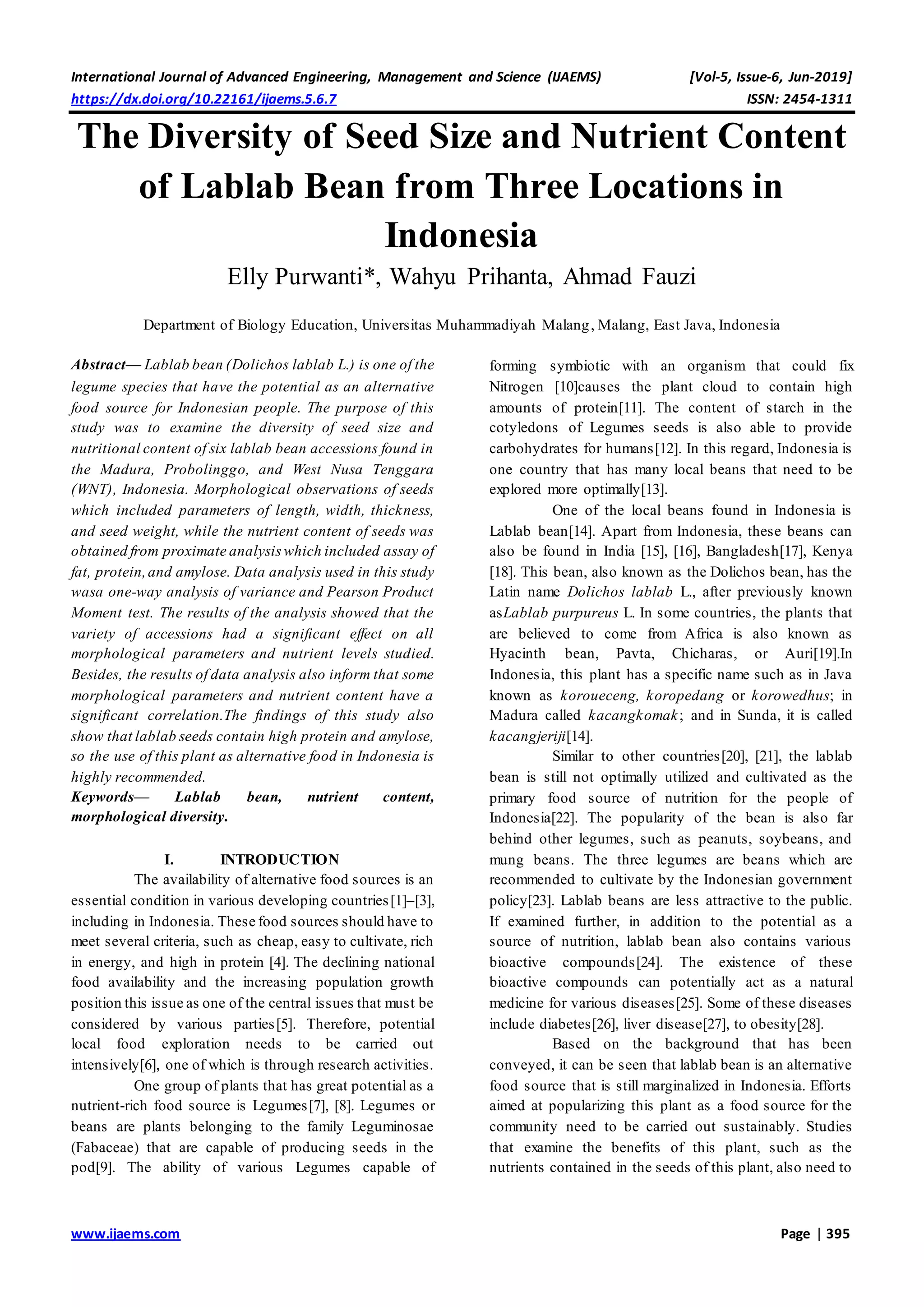 The Diversity of Seed Size and Nutrient Content of Lablab Bean from ...