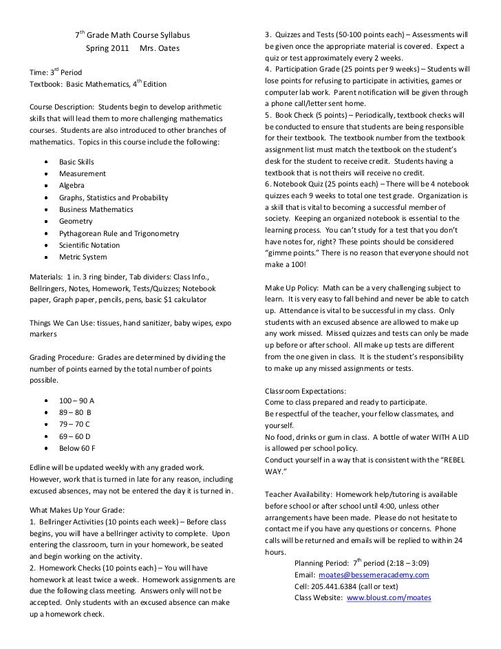 7th Grade Math Course Syllabus 7th Grade Math Course Syllabus