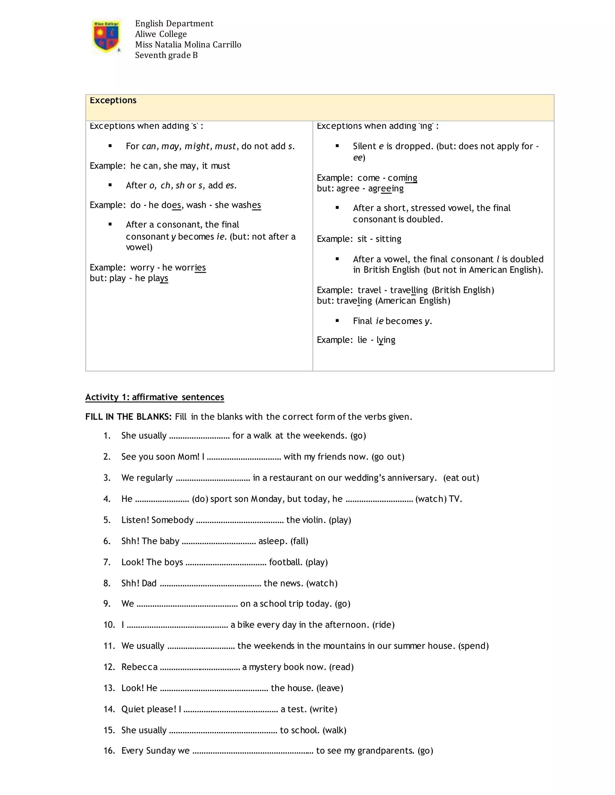 7th grade present simple progressive progressive | DOCX | Education