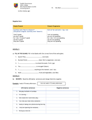 7th grade present simple progressive progressive | DOCX