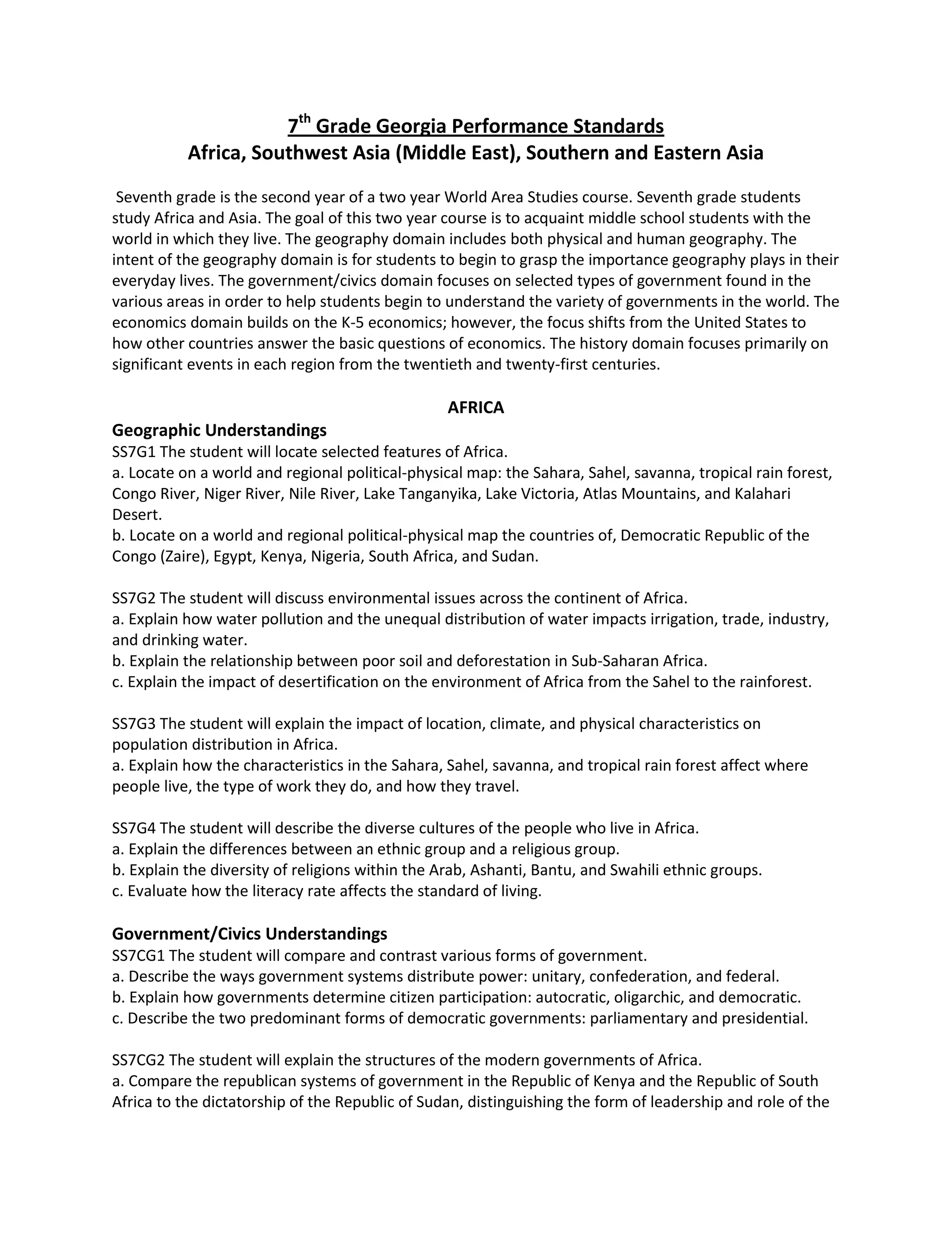 7th Grade Social Studies Georgia Performance Standards | DOCX