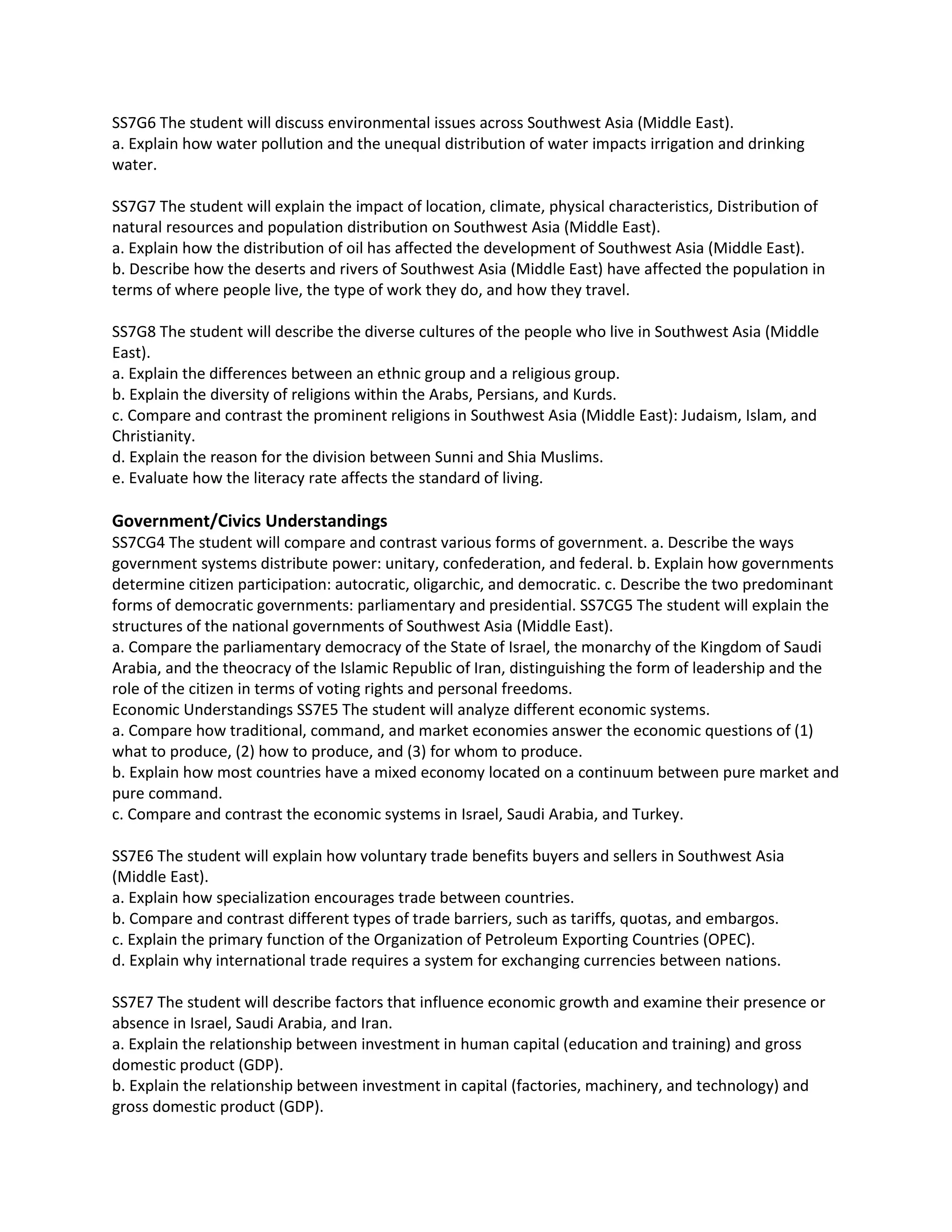 7th Grade Social Studies Georgia Performance Standards | DOCX