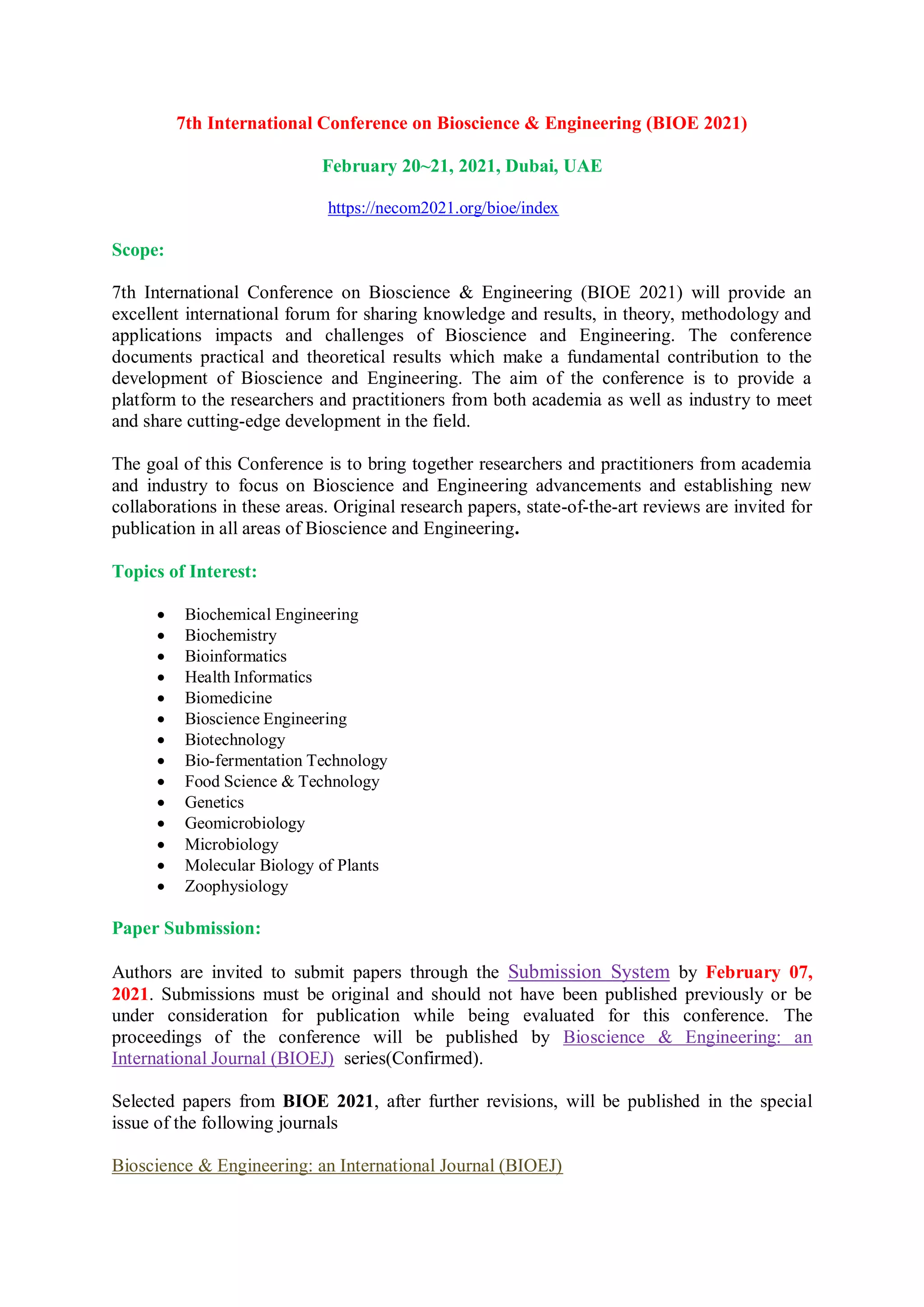 7th International Conference on Bioscience & Engineering (BIOE 2021) | PDF