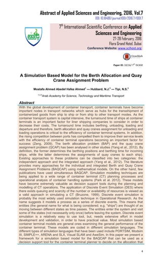 A Simulation Based Model For The Berth Allocation And Quay Crane 