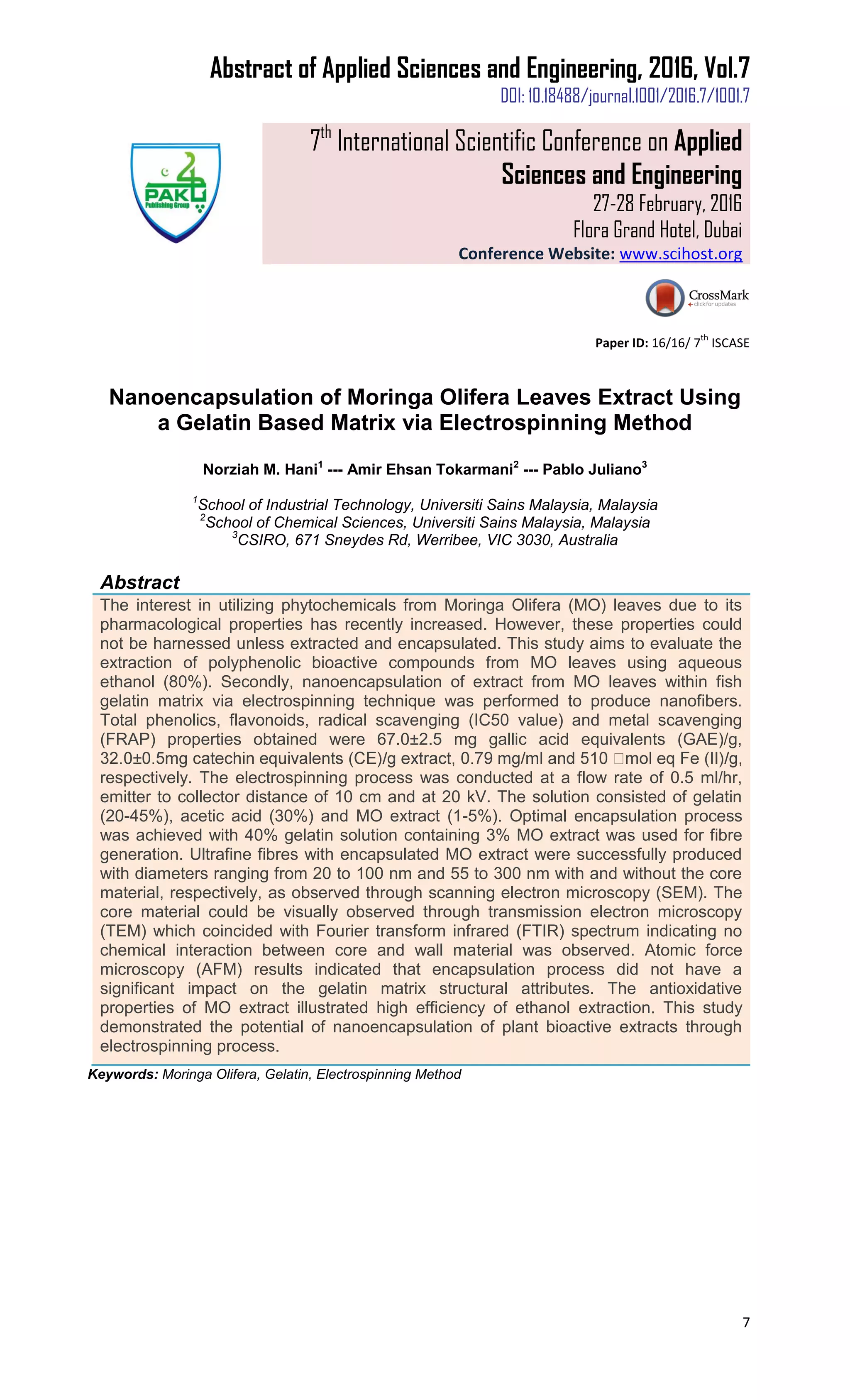 Nanoencapsulation of Moringa Olifera Leaves Extract Using a Gelatin ...