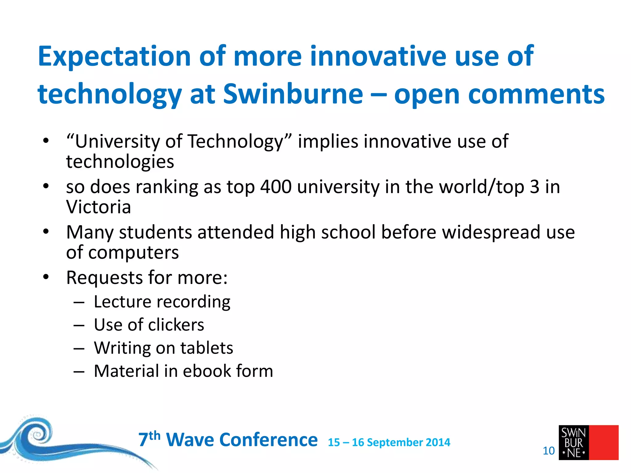 Swinburne Student Survey on Educational Technology Expectations | PPT