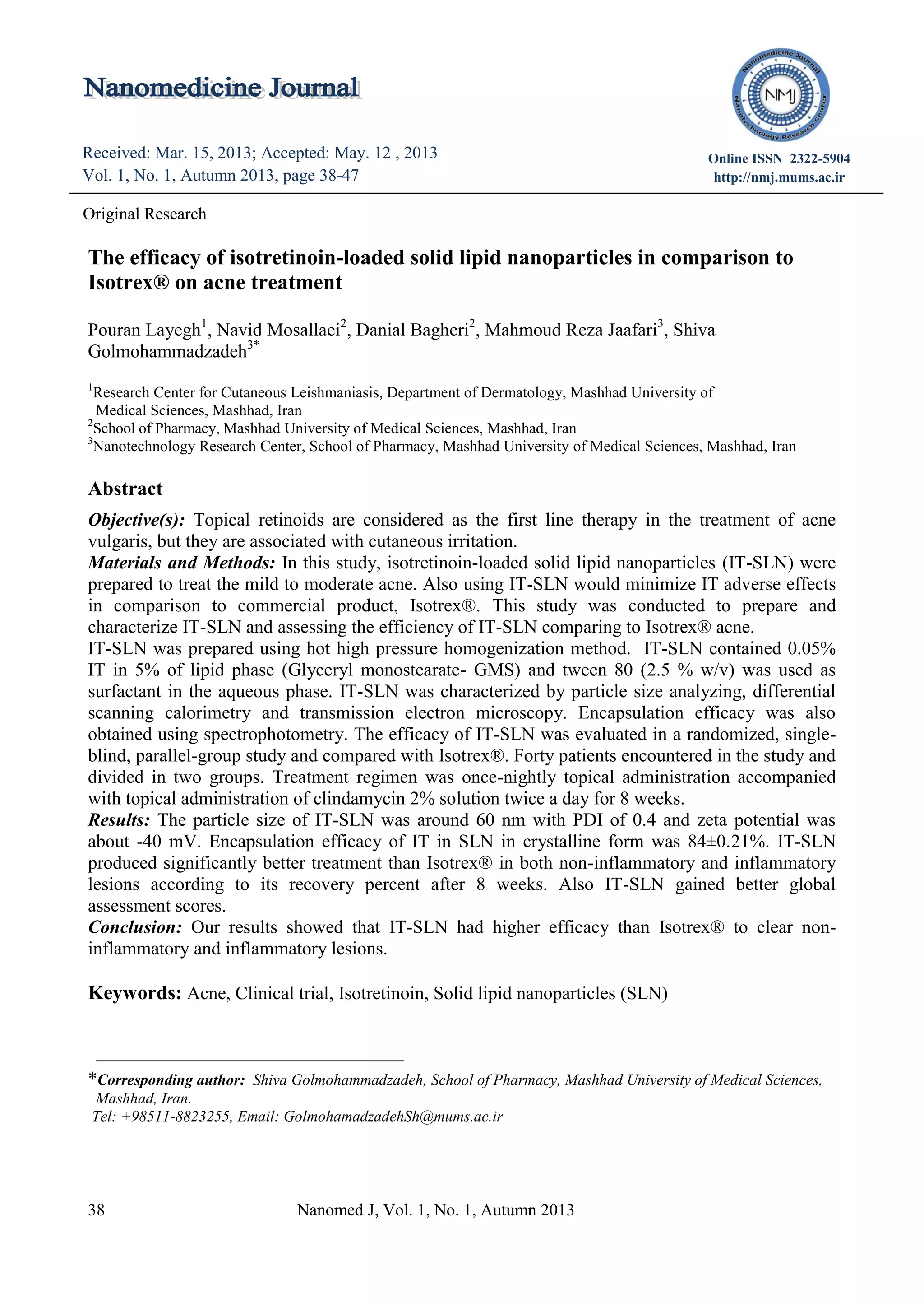 The efficacy of Isotretinoin-loaded solid lipid nanoparticles in ...
