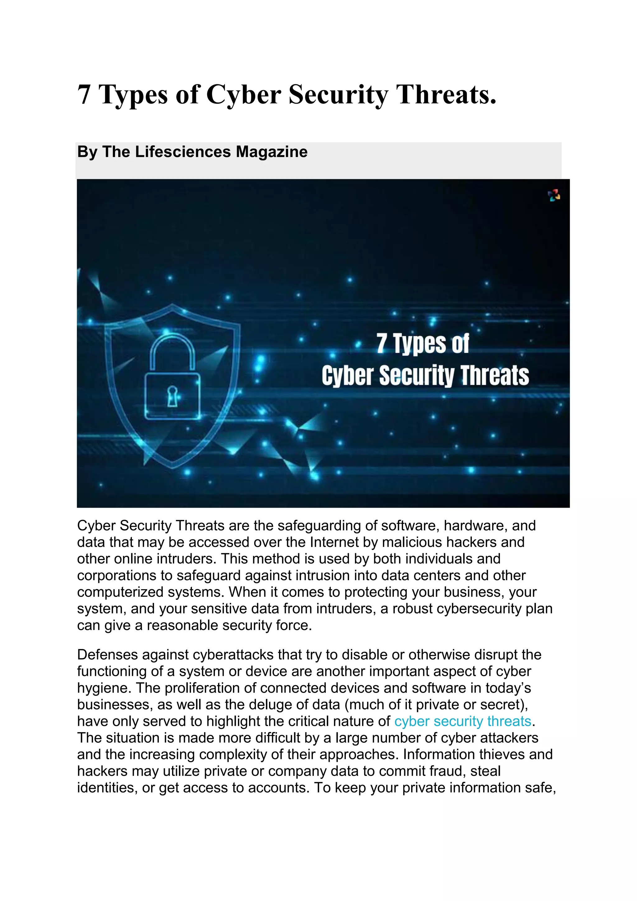 7 Types Of Cyber Security Threats The Lifesciences Magazine Pdf Antivirus Software