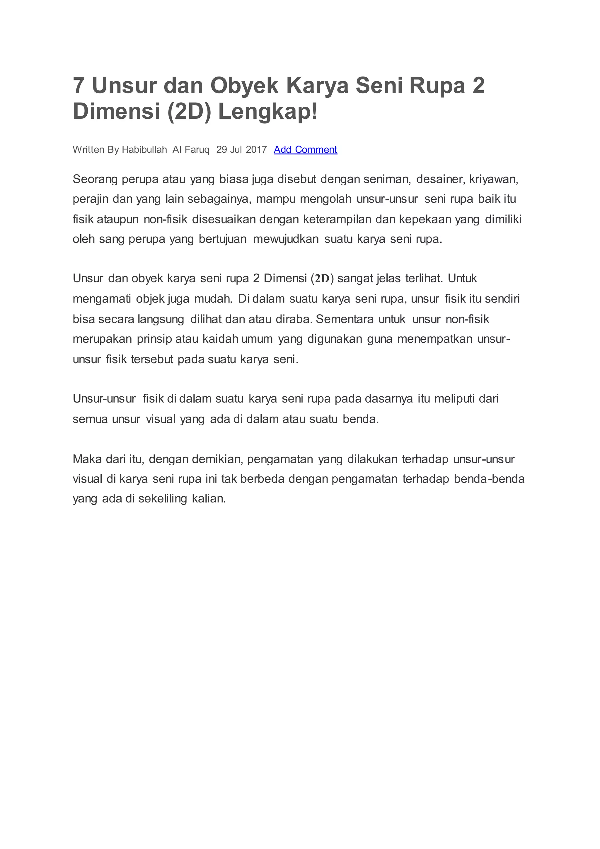 7 unsur dan obyek karya seni rupa 2 dimensi | DOCX