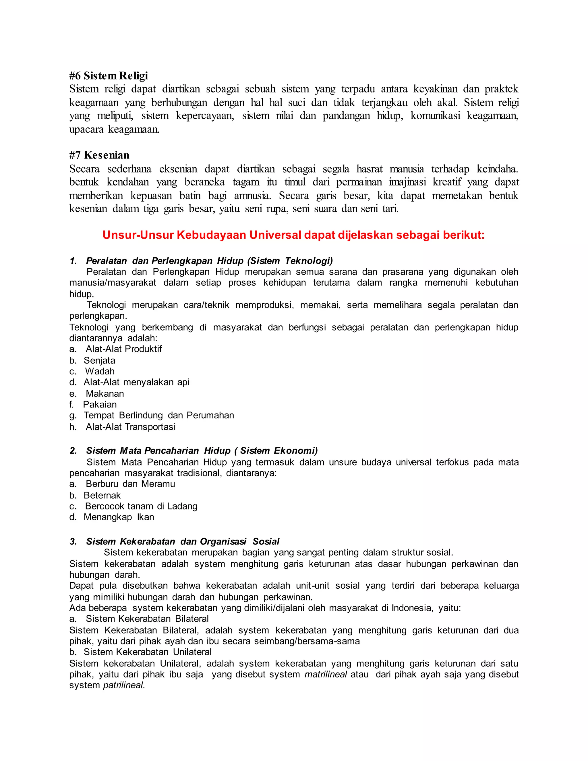 7 unsur kebudayaan universal menurut koentjaraningrat | DOCX