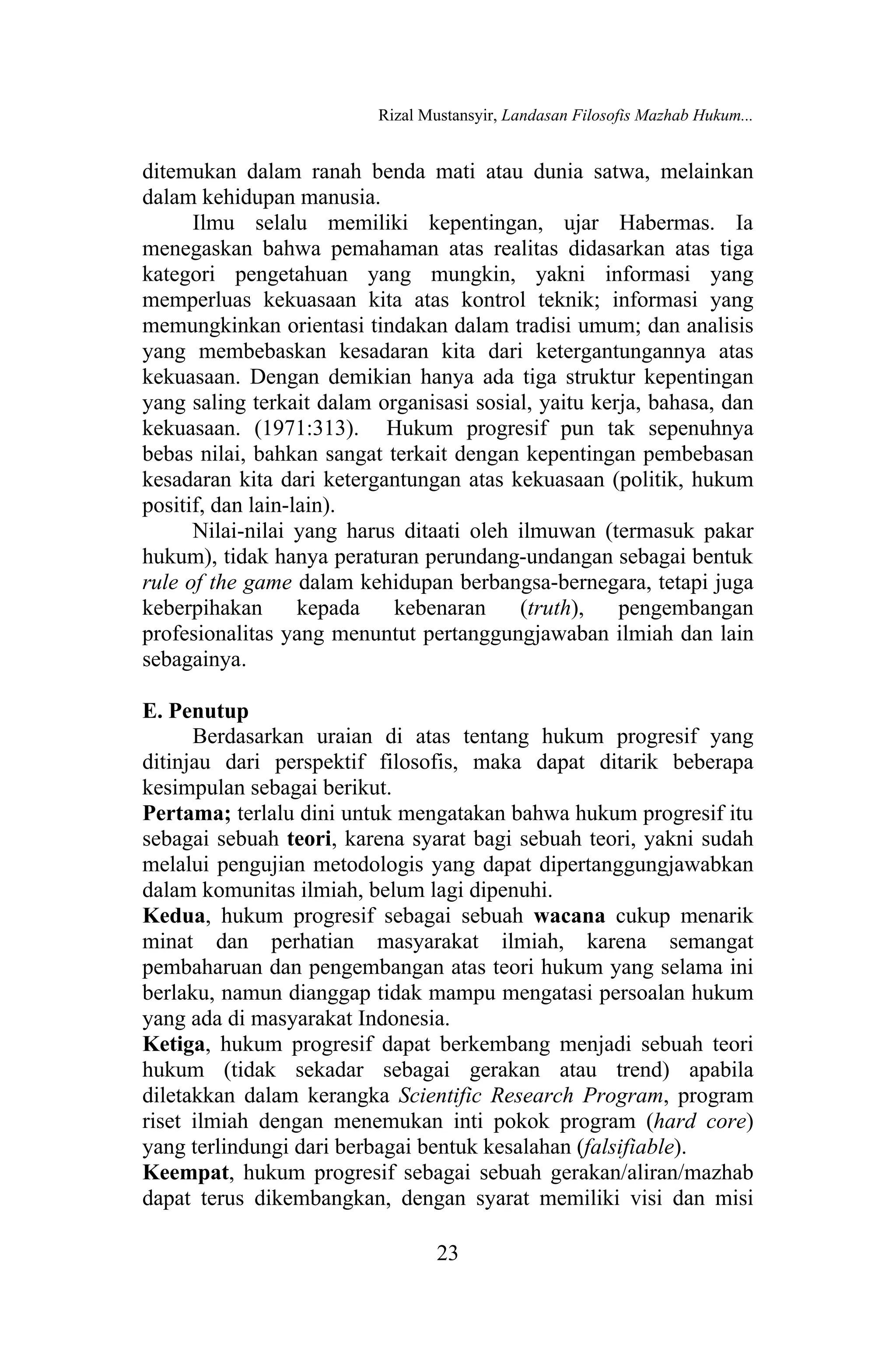 LANDASAN FILOSOFIS MAZHAB HUKUM PROGRESIF: TINJAUAN FILSAFAT ILMU | PDF
