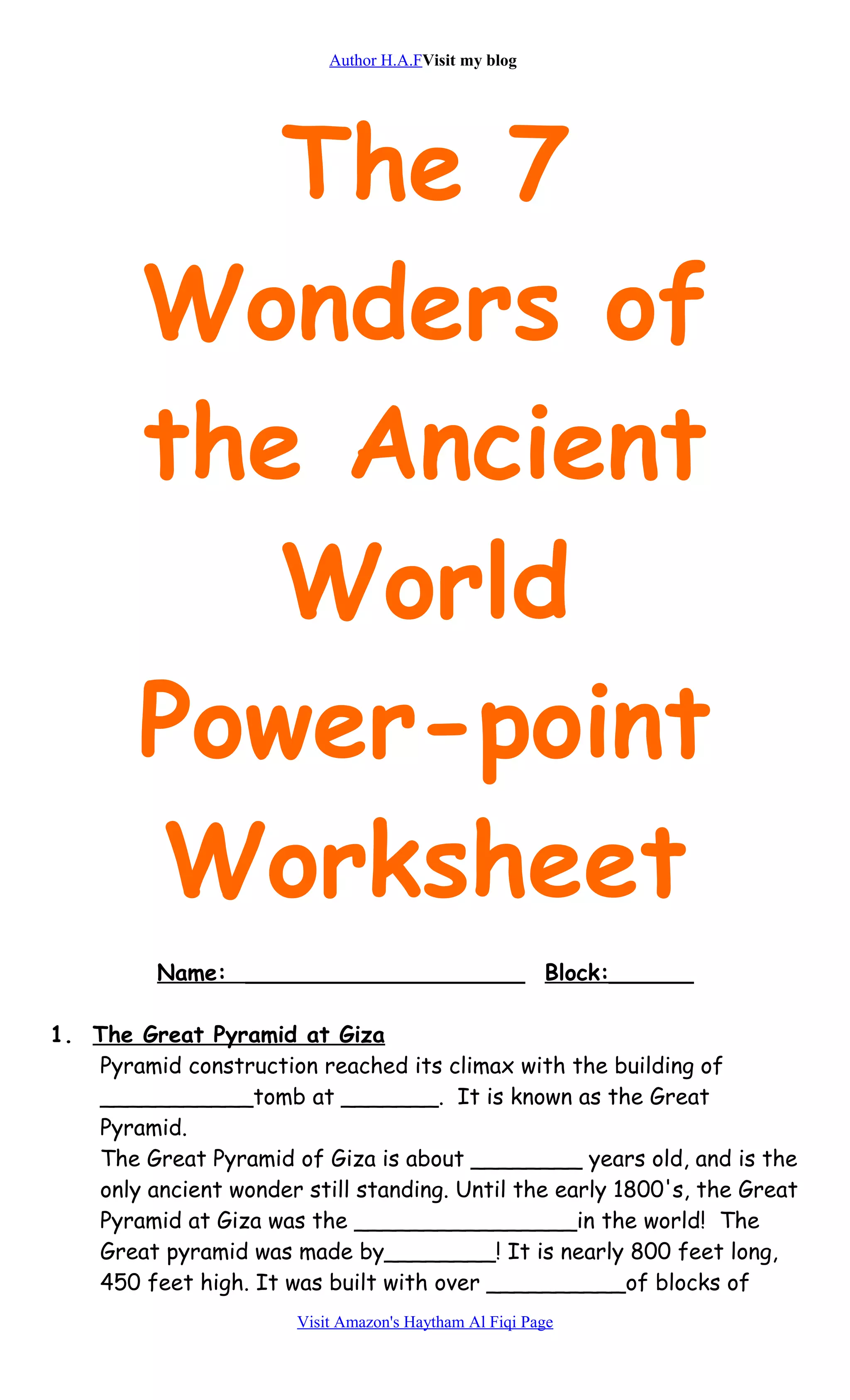 The 7 Wonders of the Ancient World Power-point Worksheet | DOC