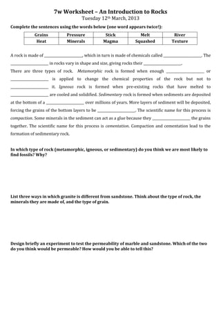 7w Introduction to Rocks worksheet | PDF