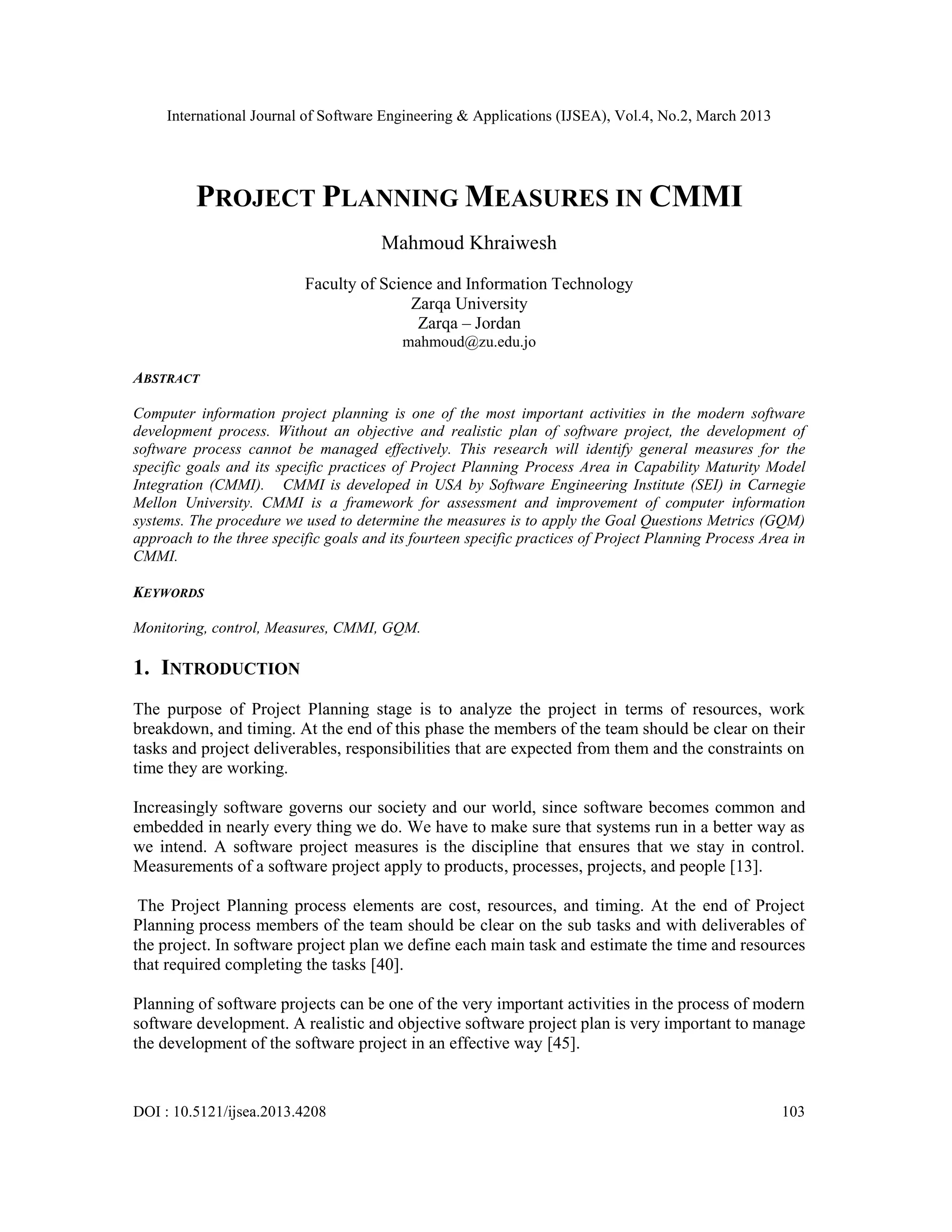 PROJECT PLANNINGMEASURES IN CMMI | PDF