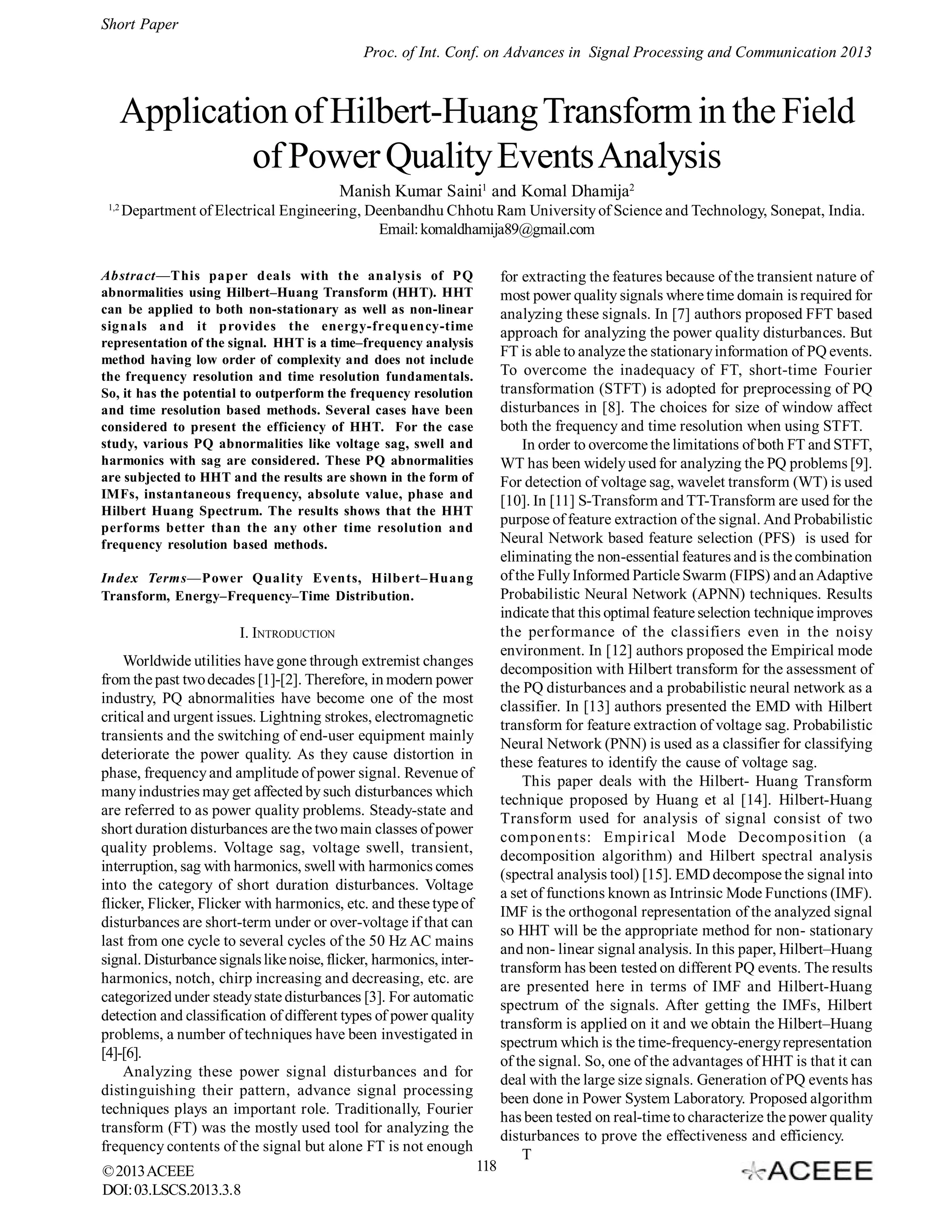 Application of Hilbert-Huang Transform in the Field of Power Quality Events Analysis | PDF