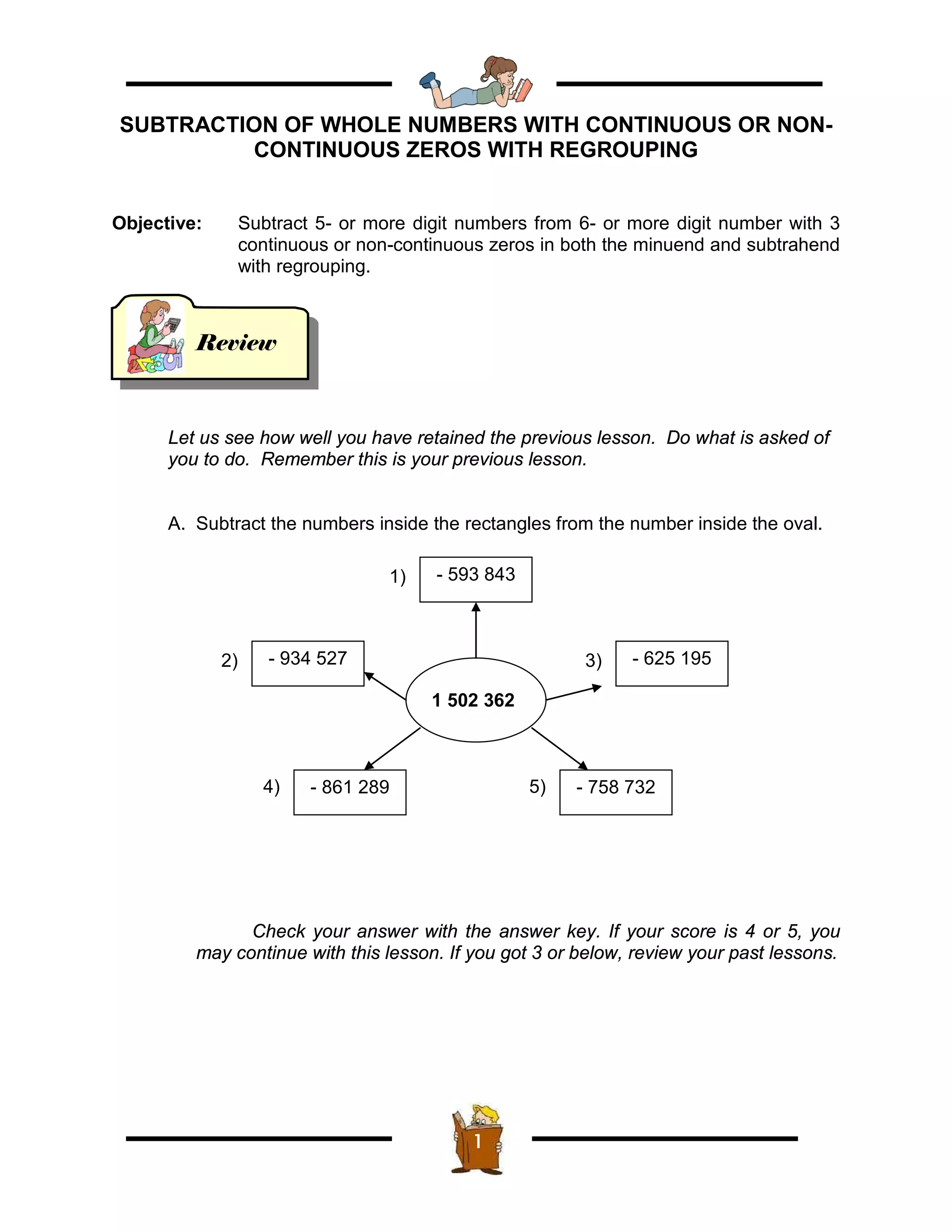 subtraction of whole numbers with continuous or non continuous zeros ...
