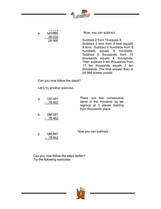 subtraction of whole numbers with continuous or non continuous zeros ...