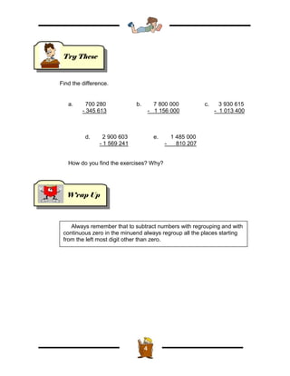 subtraction of whole numbers with continuous or non continuous zeros ...