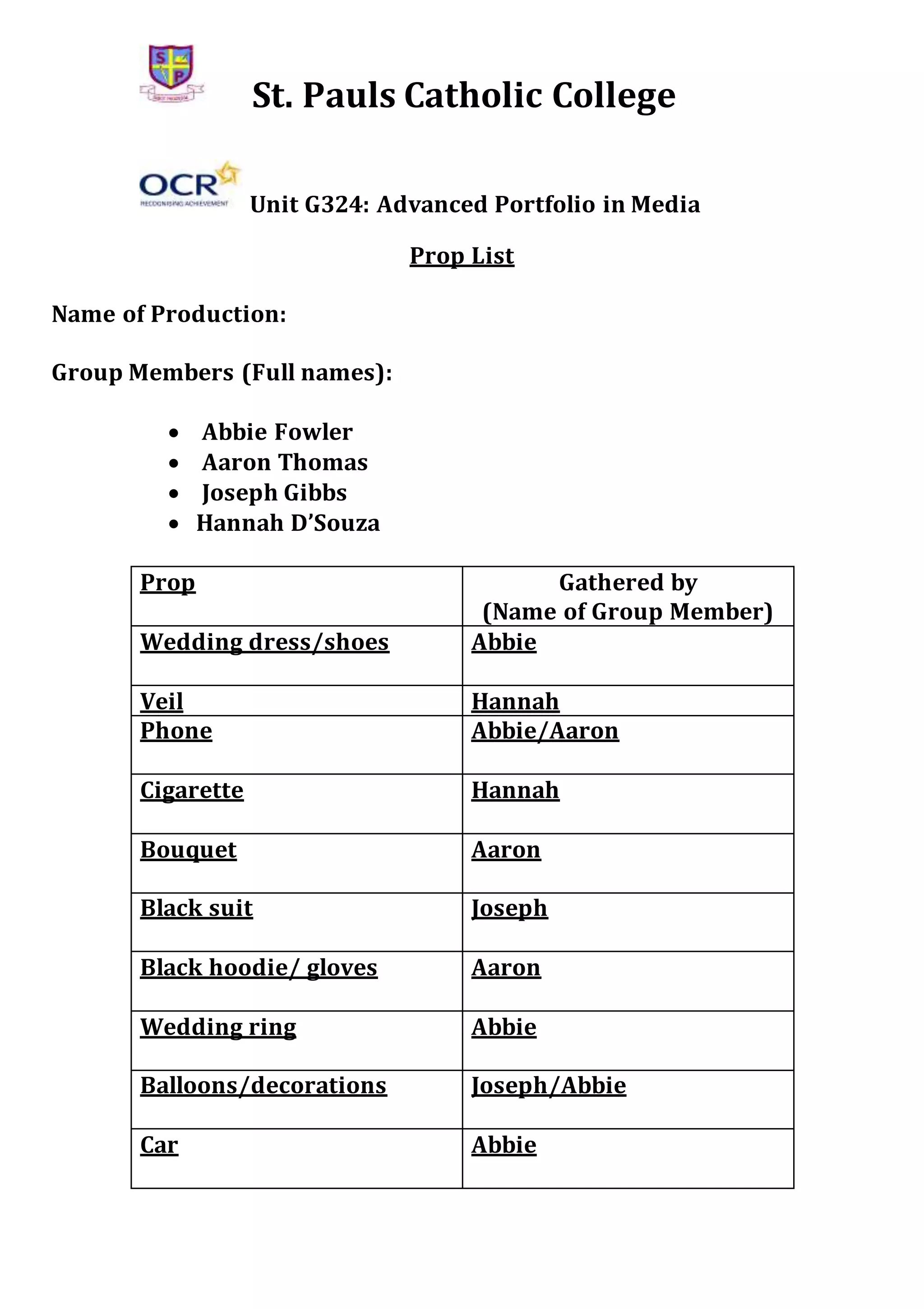 Prop List-Hannah DSouza | PDF