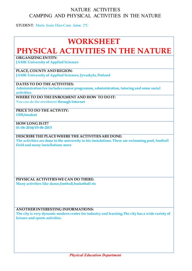 Worksheet physical activities in the nature | DOCX | Sports