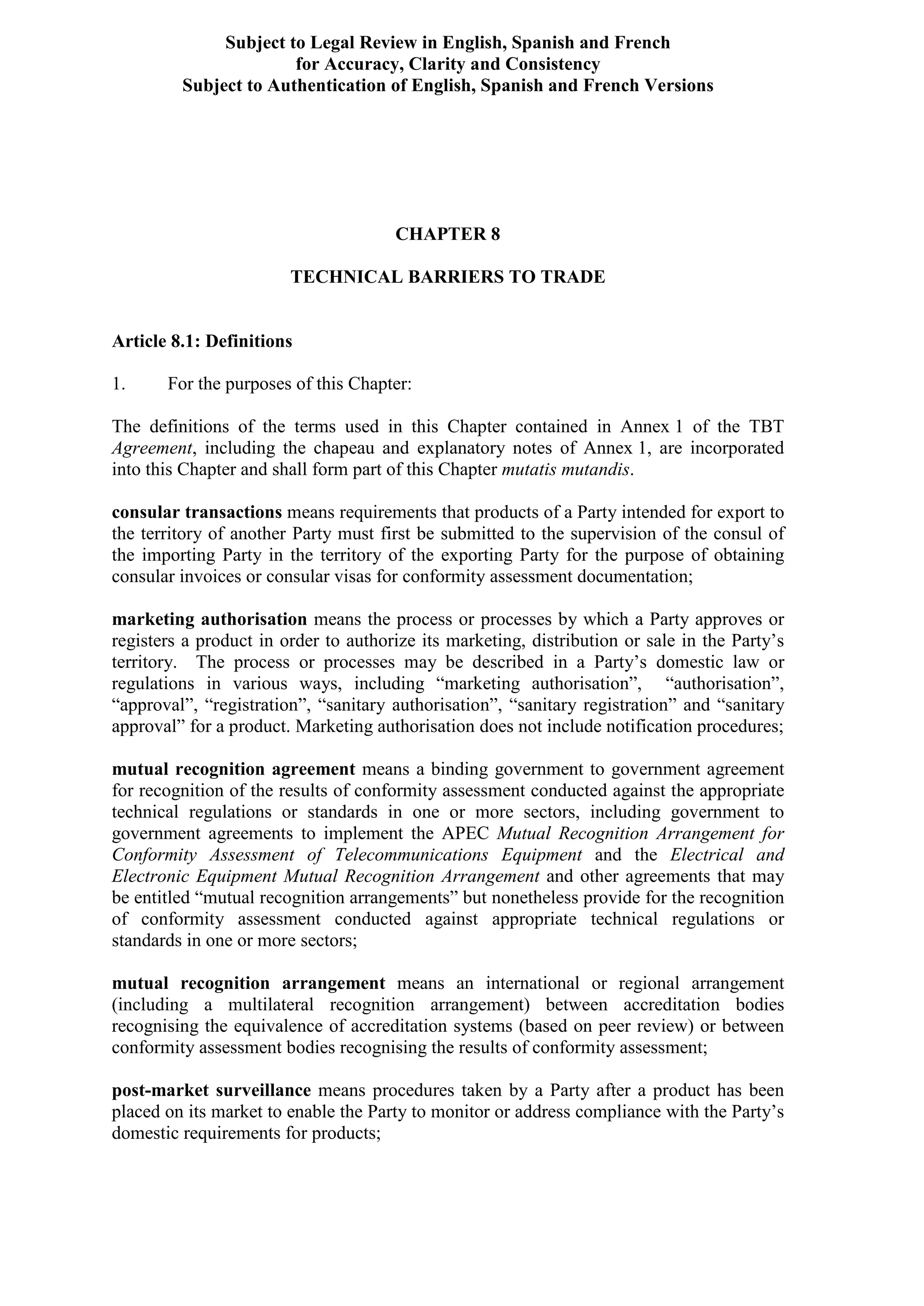 Chapter VIII: Technical barriers to trade chapter | PDF