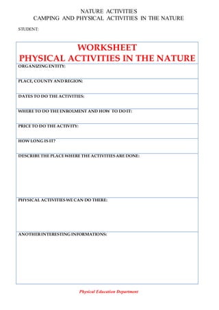 WORKSHEET Nature activities places to do nature physical activities | PDF