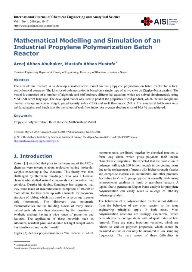 8 Mathematical Modelling And Simulation Of An Industrial Propylene Polymerization Batch Reactor