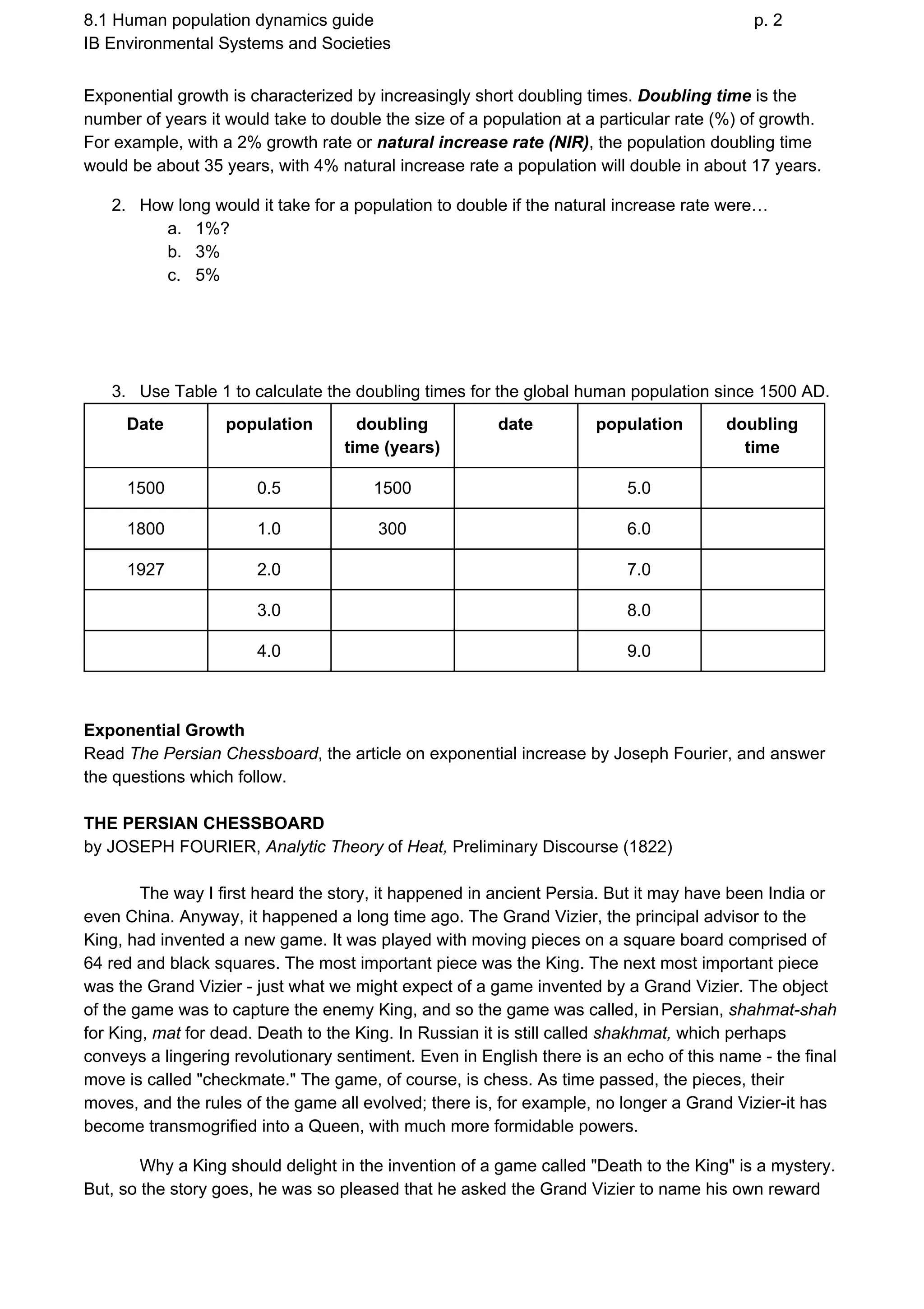 ESS Topic 8.1 - Human population dynamics guide | PDF