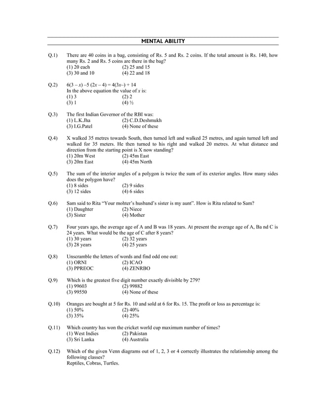 MENTAL ABILITY PRACTICE QUESTIONS | PDF