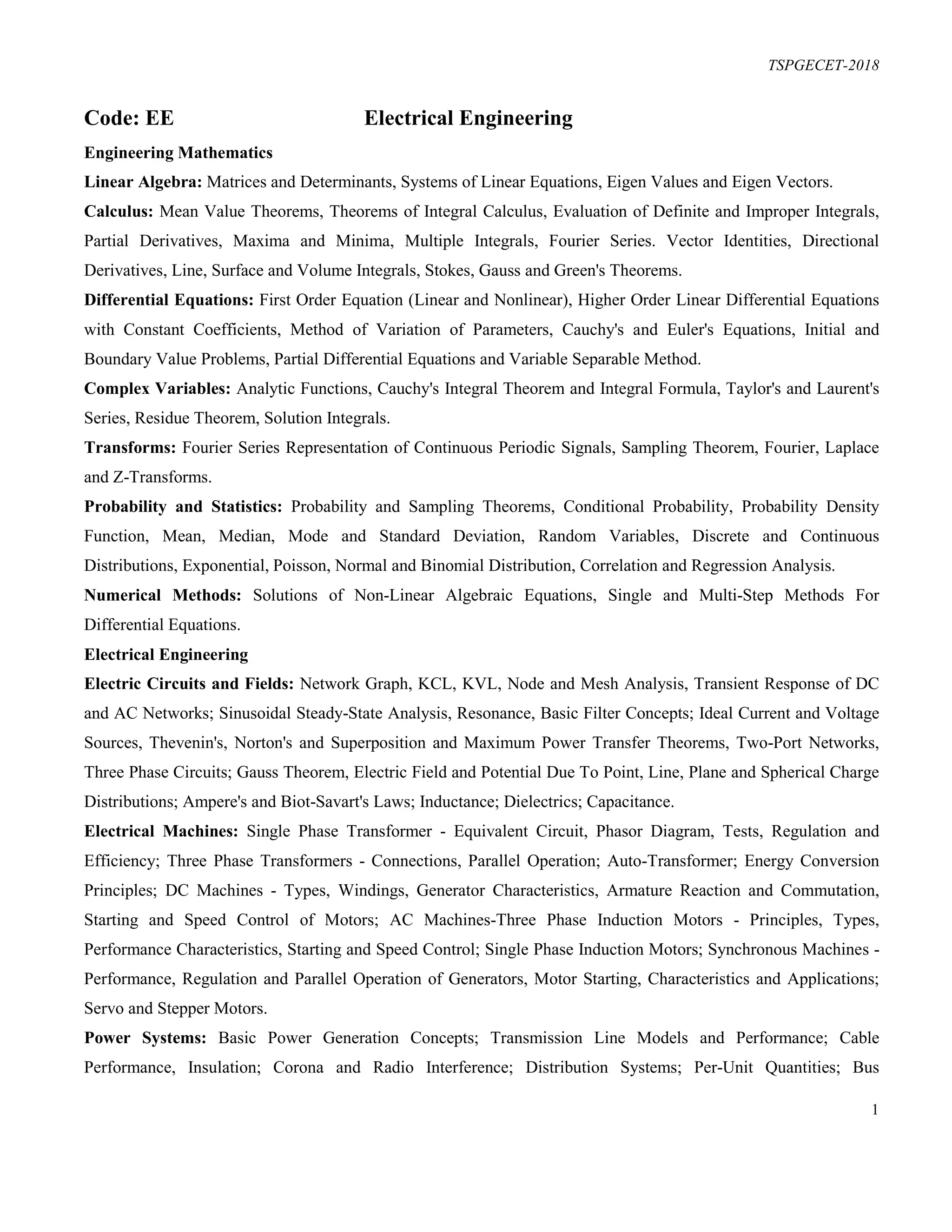 TS PGECET Electrical Engineering 2018 Syllabus | PDF