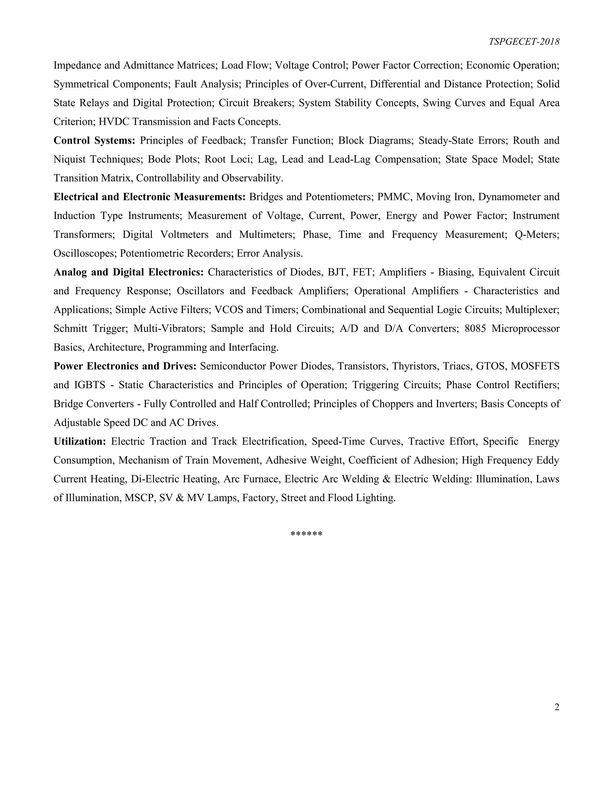 TS PGECET Electrical Engineering 2018 Syllabus | PDF