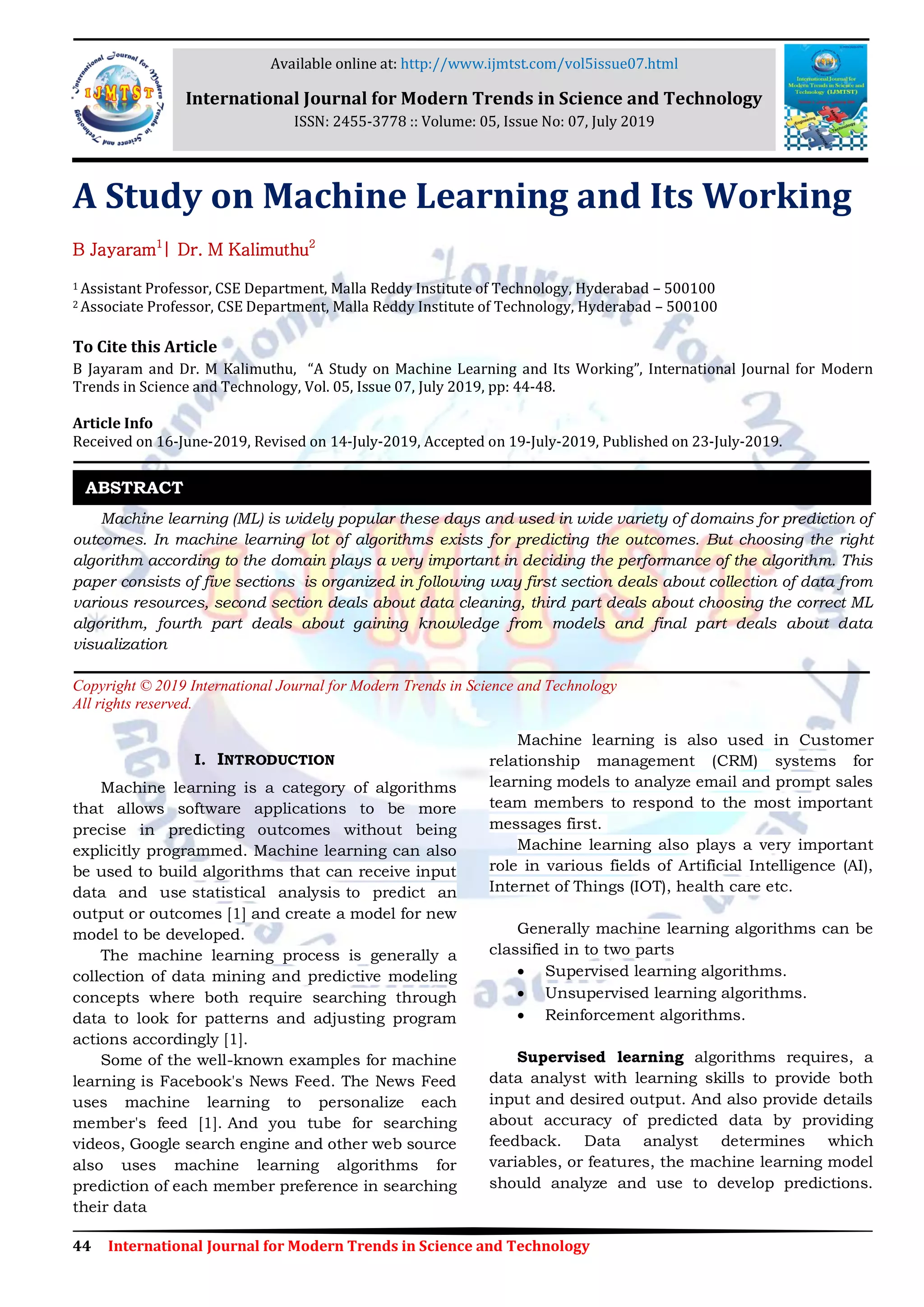 A Study on Machine Learning and Its Working | PDF