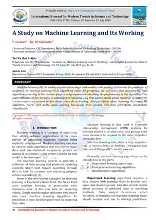 A Study on Machine Learning and Its Working | PDF