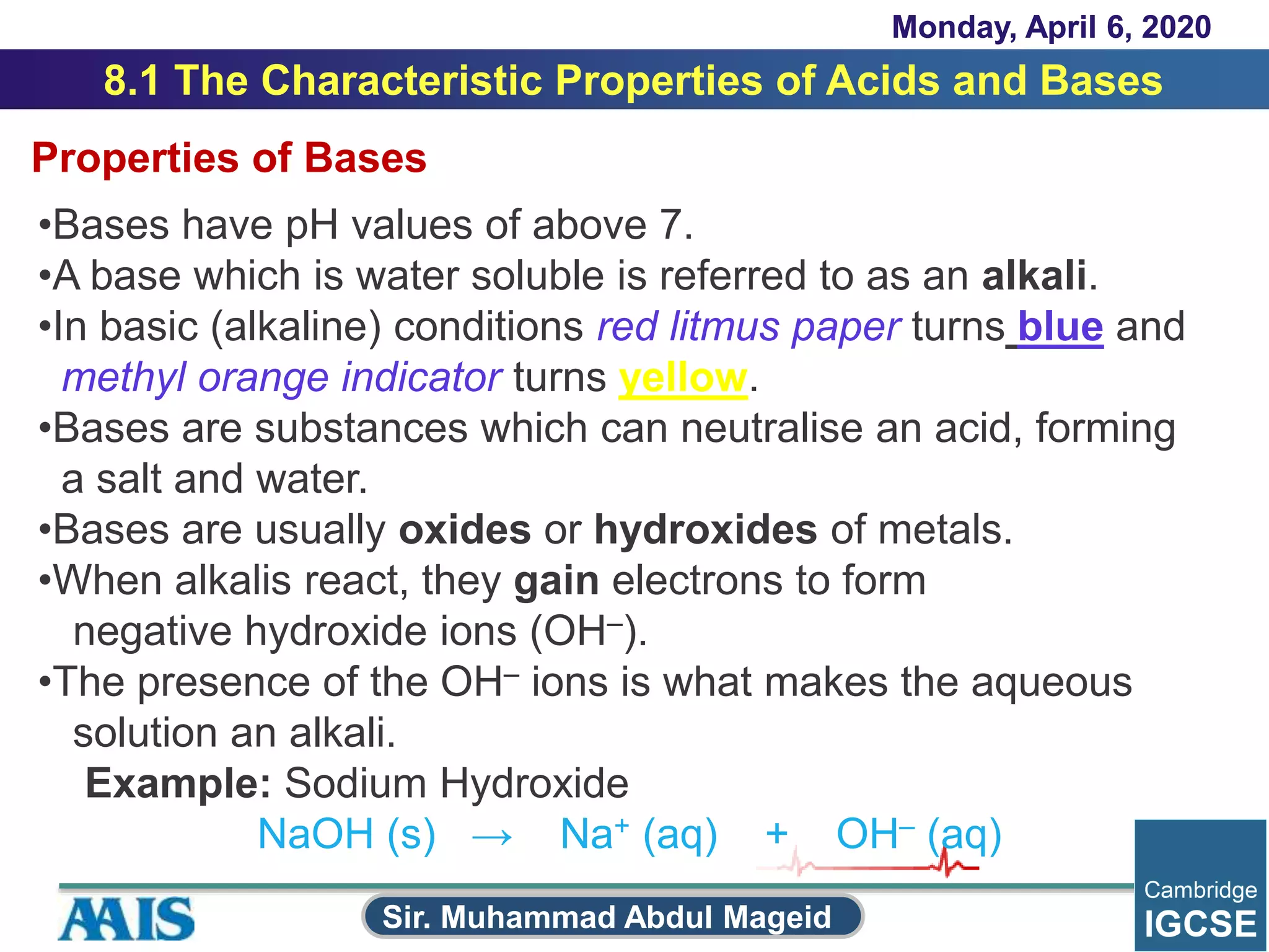 8.1 the characteristic properties of acids and bases | PPSX