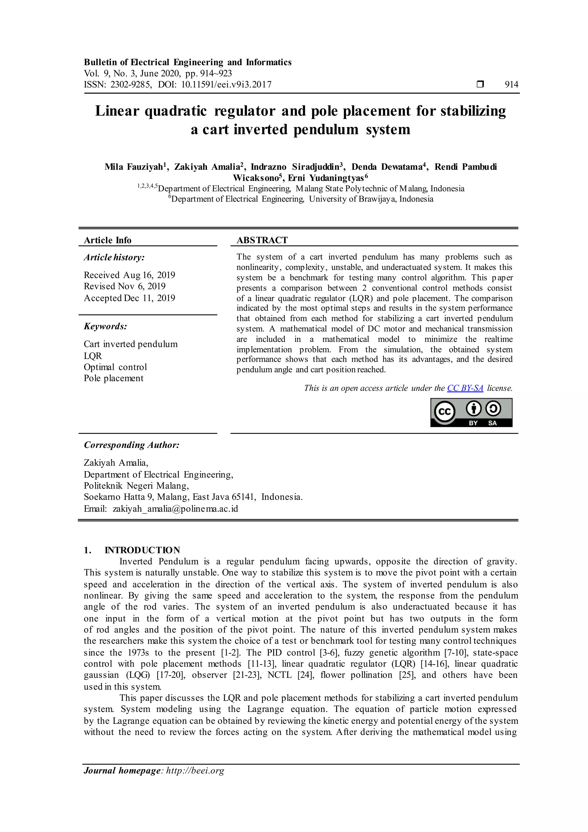 Linear quadratic regulator and pole placement for stabilizing a cart inverted pendulum system | PDF