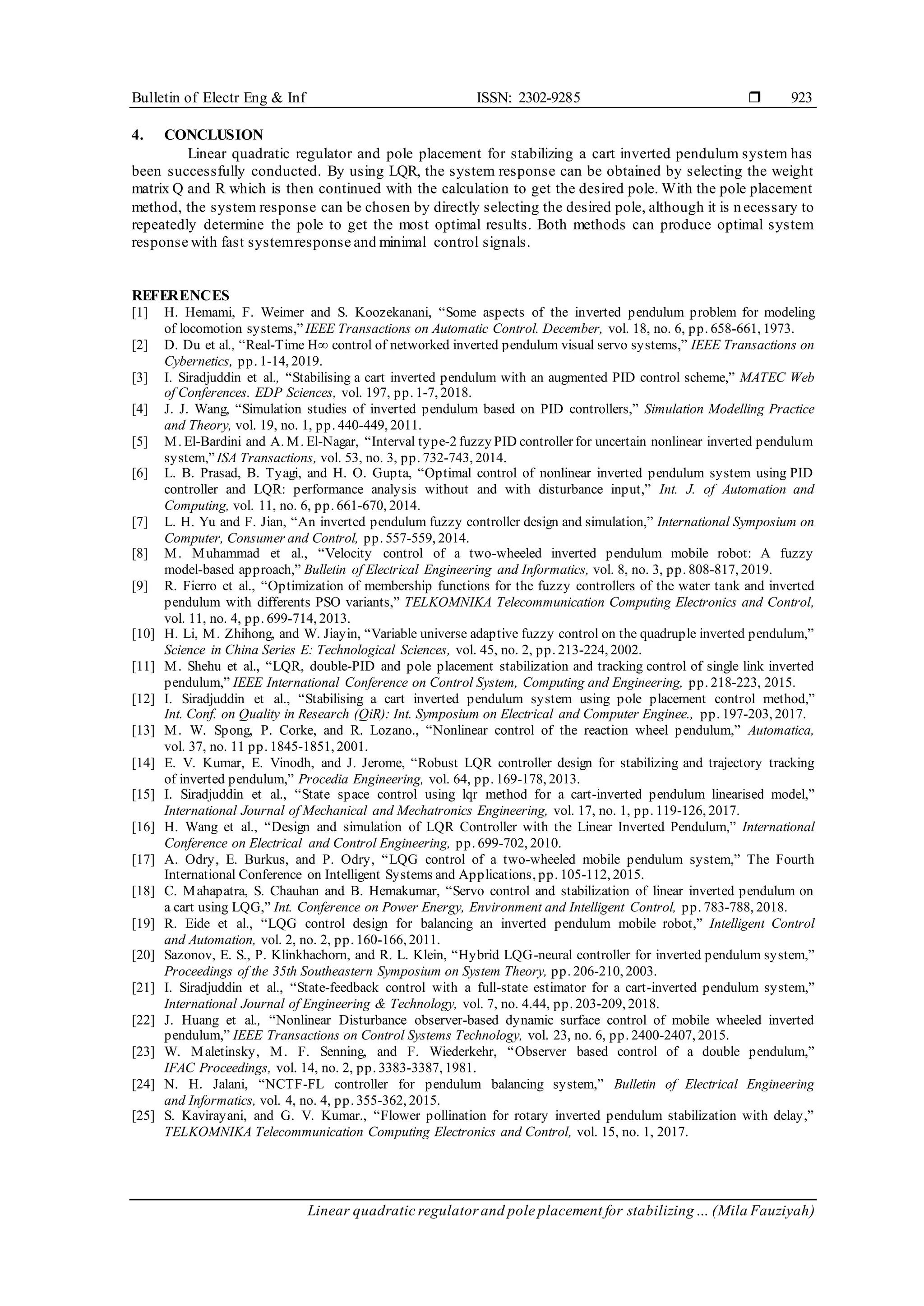 Linear quadratic regulator and pole placement for stabilizing a cart ...