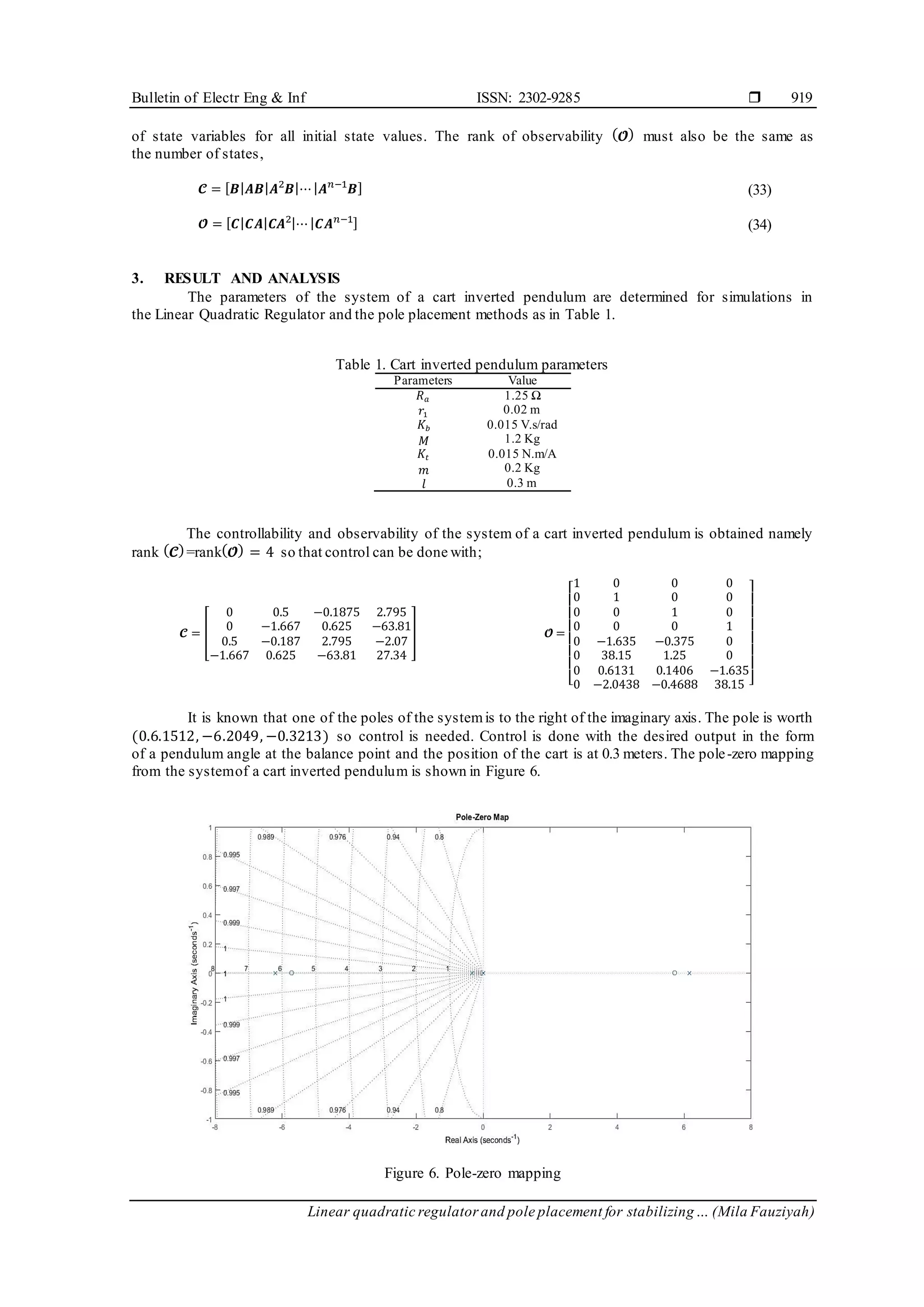 Linear quadratic regulator and pole placement for stabilizing a cart inverted pendulum system | PDF