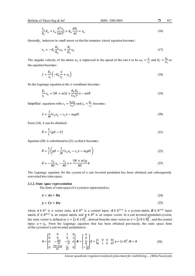Linear quadratic regulator and pole placement for stabilizing a cart inverted pendulum system ...
