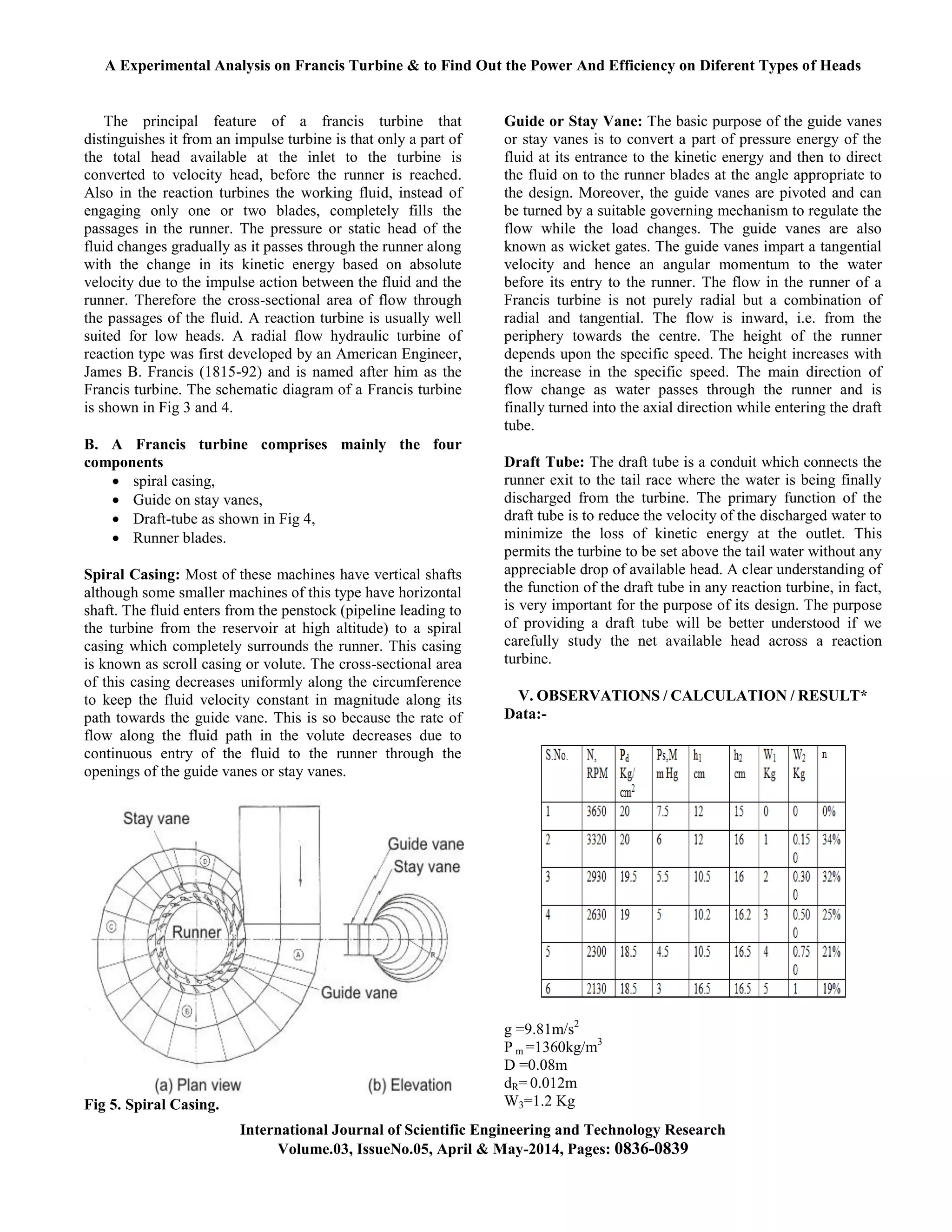experimental analysis on francis turbine & to find out the power | PDF