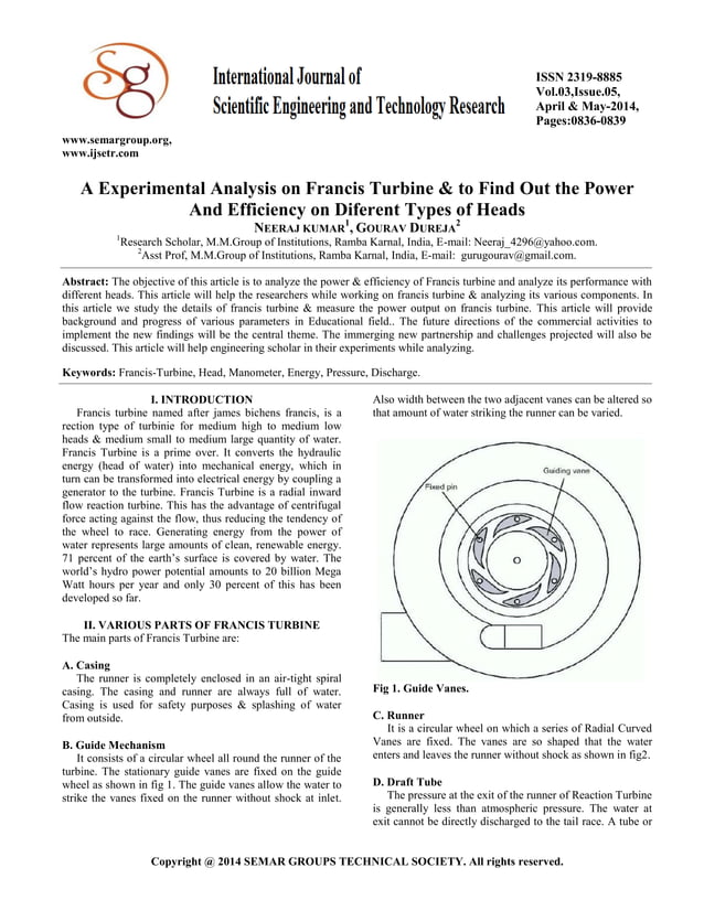 experimental analysis on francis turbine & to find out the power | PDF