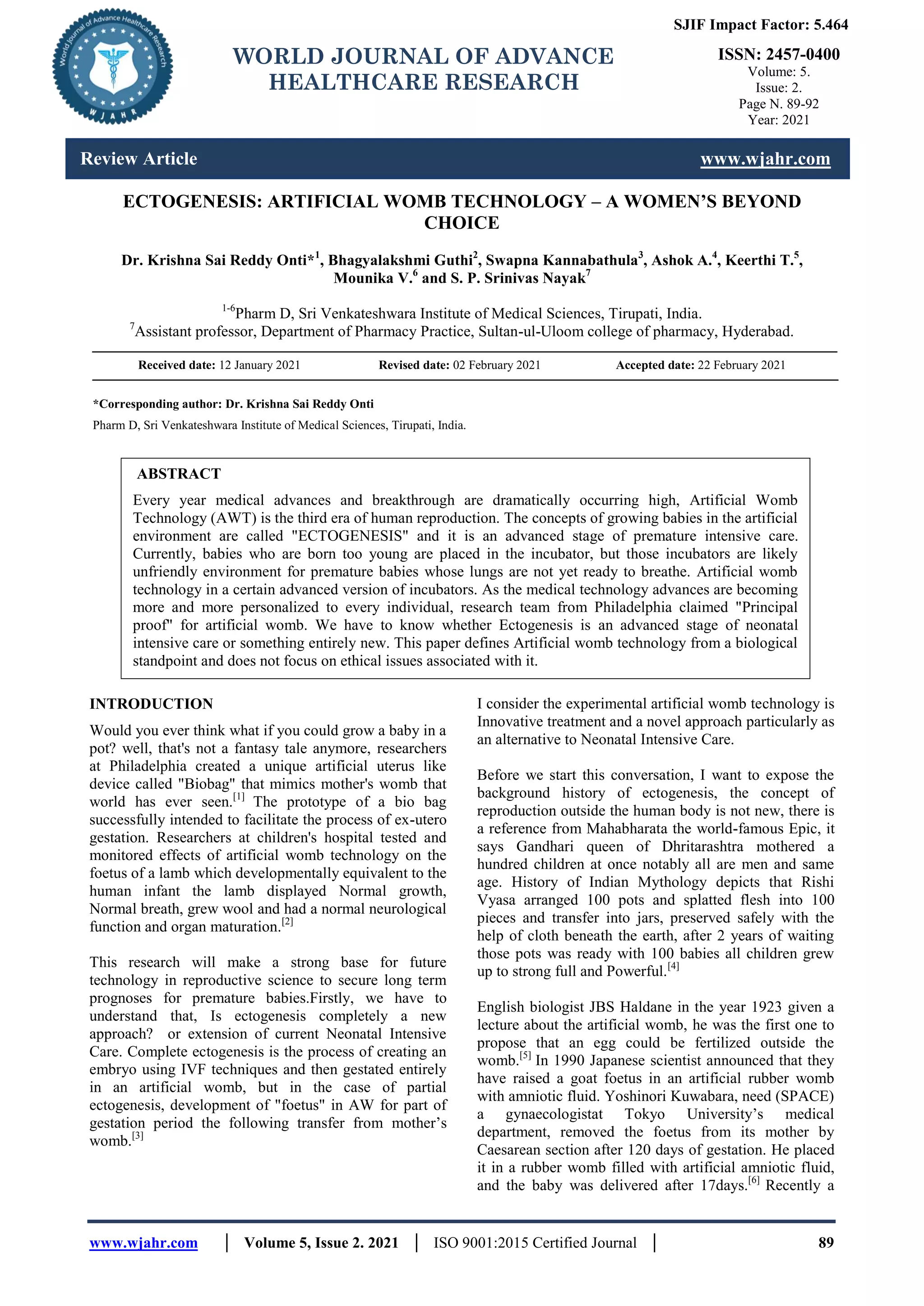 ECTOGENESIS: ARTIFICIAL WOMB TECHNOLOGY – A WOMEN’S BEYOND CHOICE | PDF