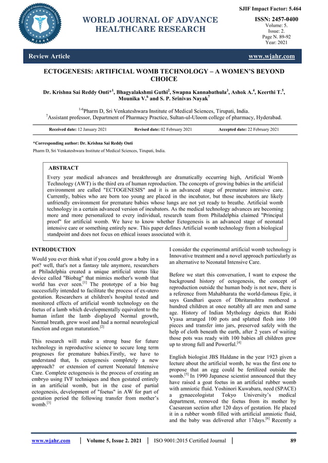 ECTOGENESIS: ARTIFICIAL WOMB TECHNOLOGY – A WOMEN’S BEYOND CHOICE | PDF ...
