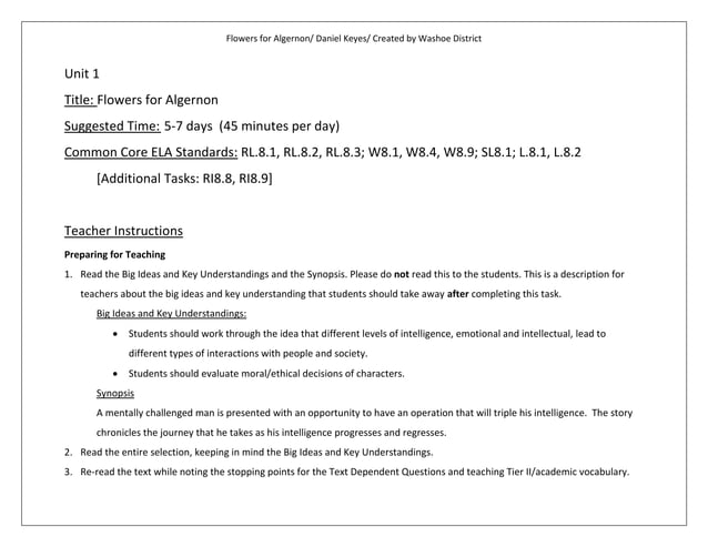 8. Flowers for Algernon. lesson - Anthology.docx | Educational ...