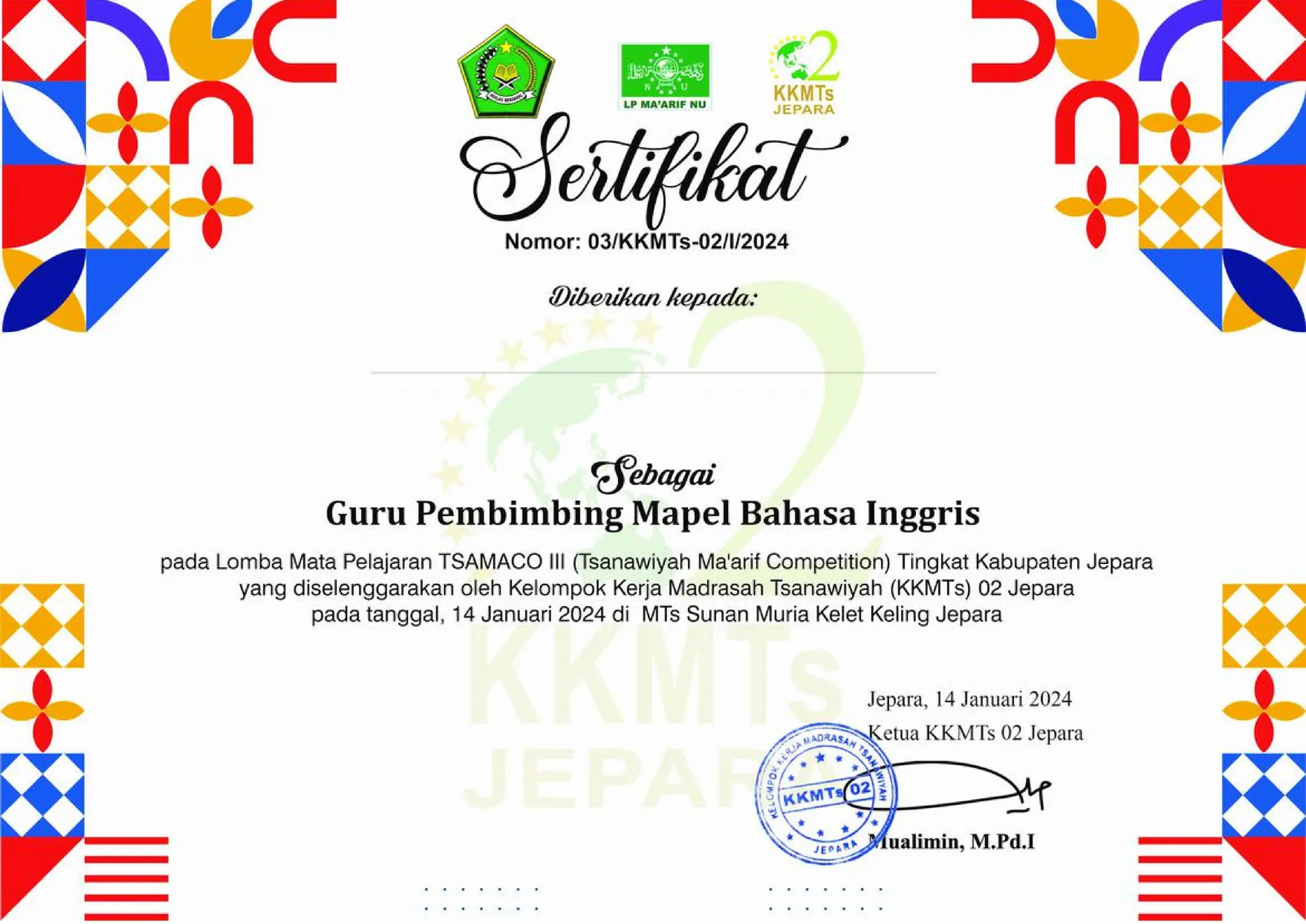 8 Sertifikat Guru Pembimbing Tsamaco 2024 Mapel Bahasa Inggris Pdf