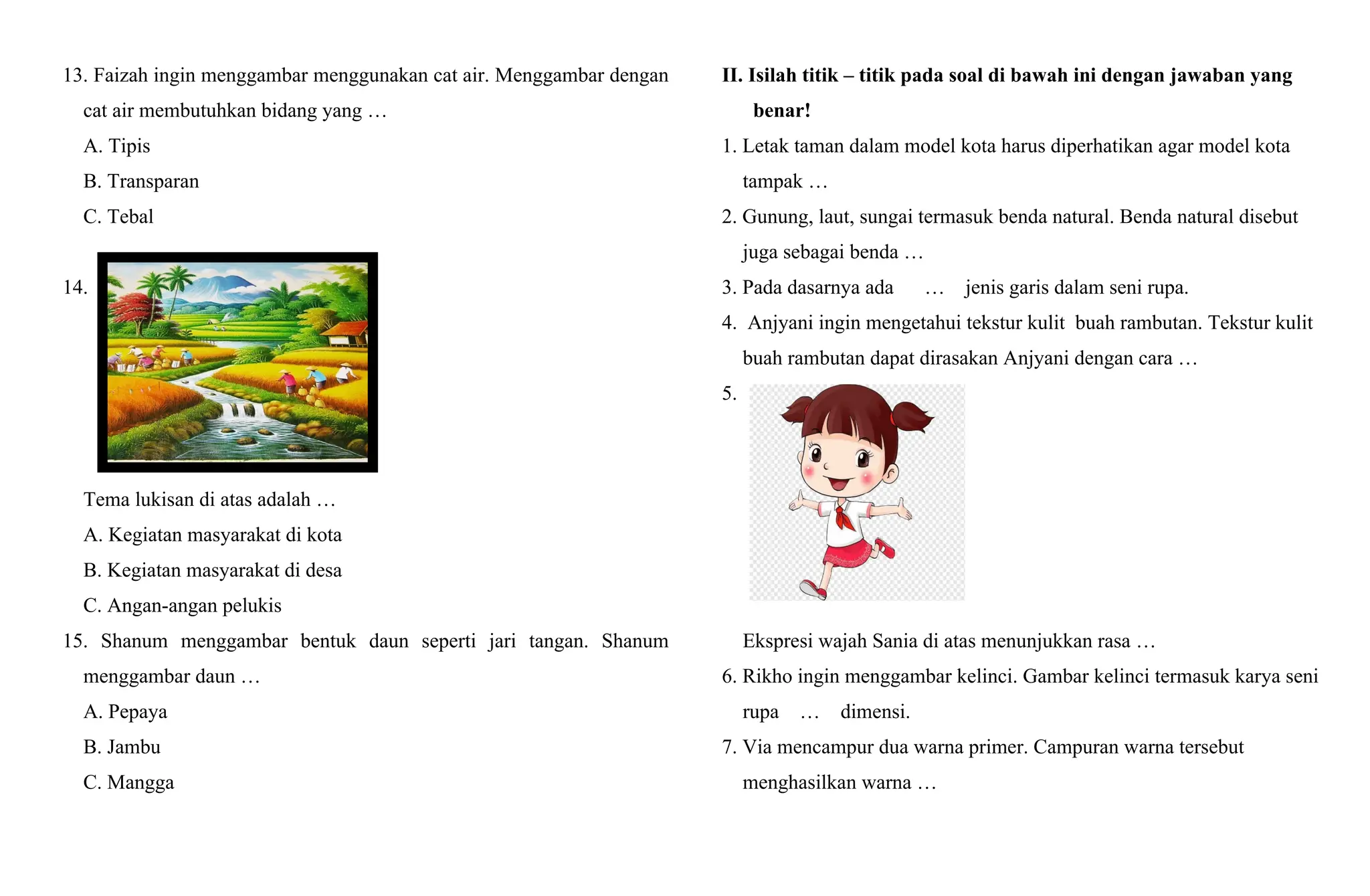 SAS Seni Rupa Kelas 1 SD Seni Rupa Soal Akhir Sumatif | PPT