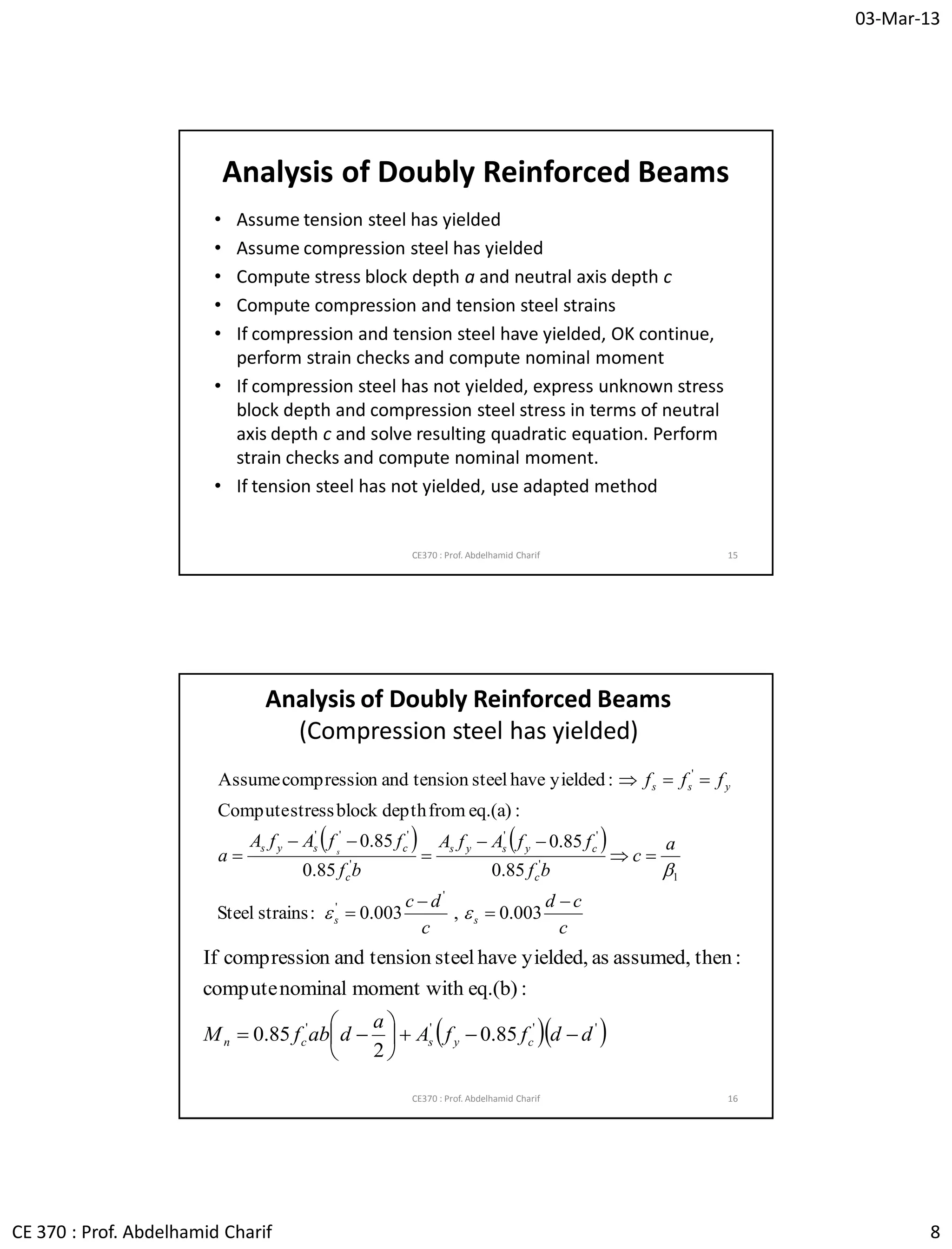 Lec07 Analysis and Design of Doubly Reinforced Beam (Reinforced ...