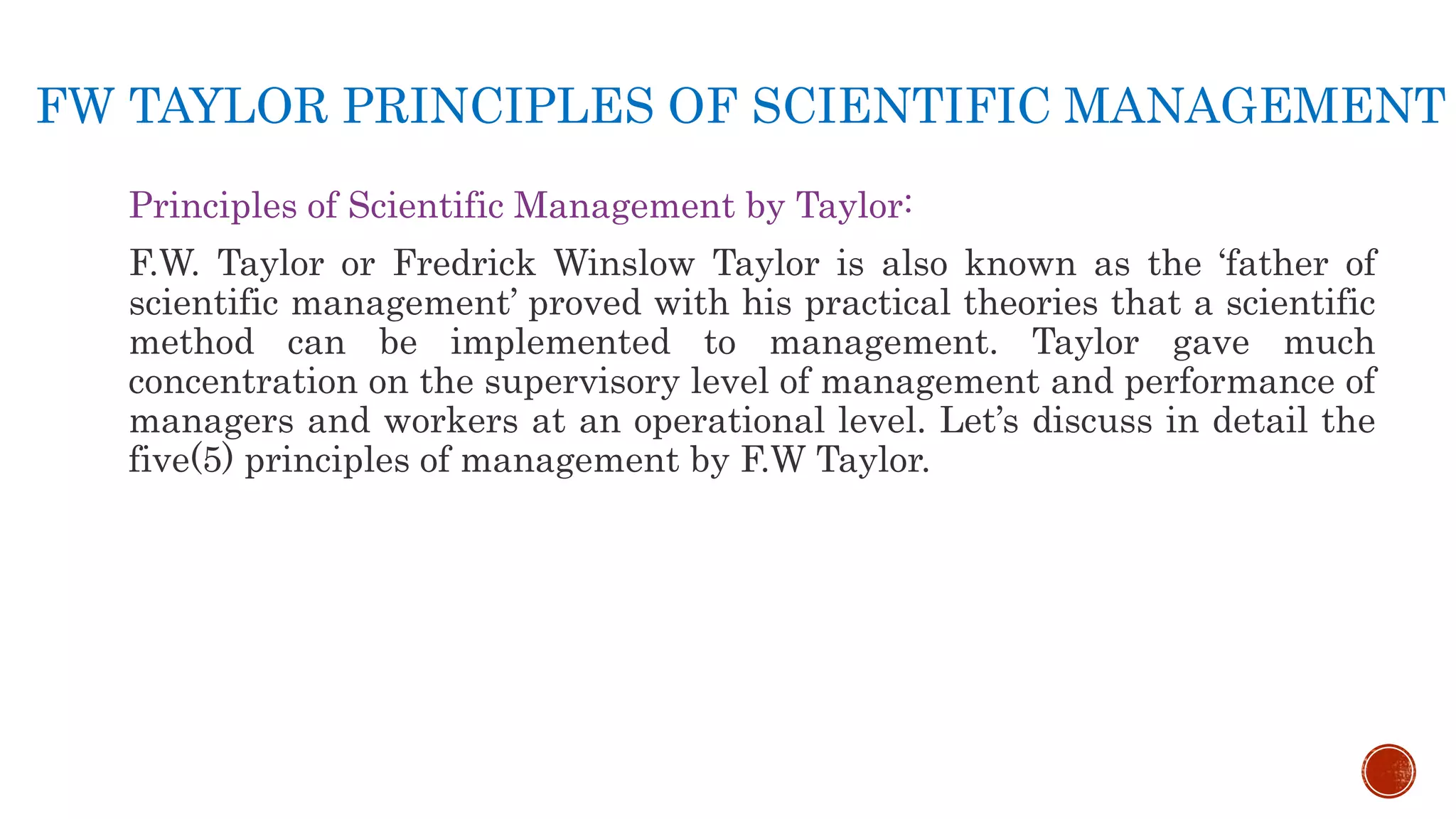 FW Taylor Principles of Scientific Management | PPTX